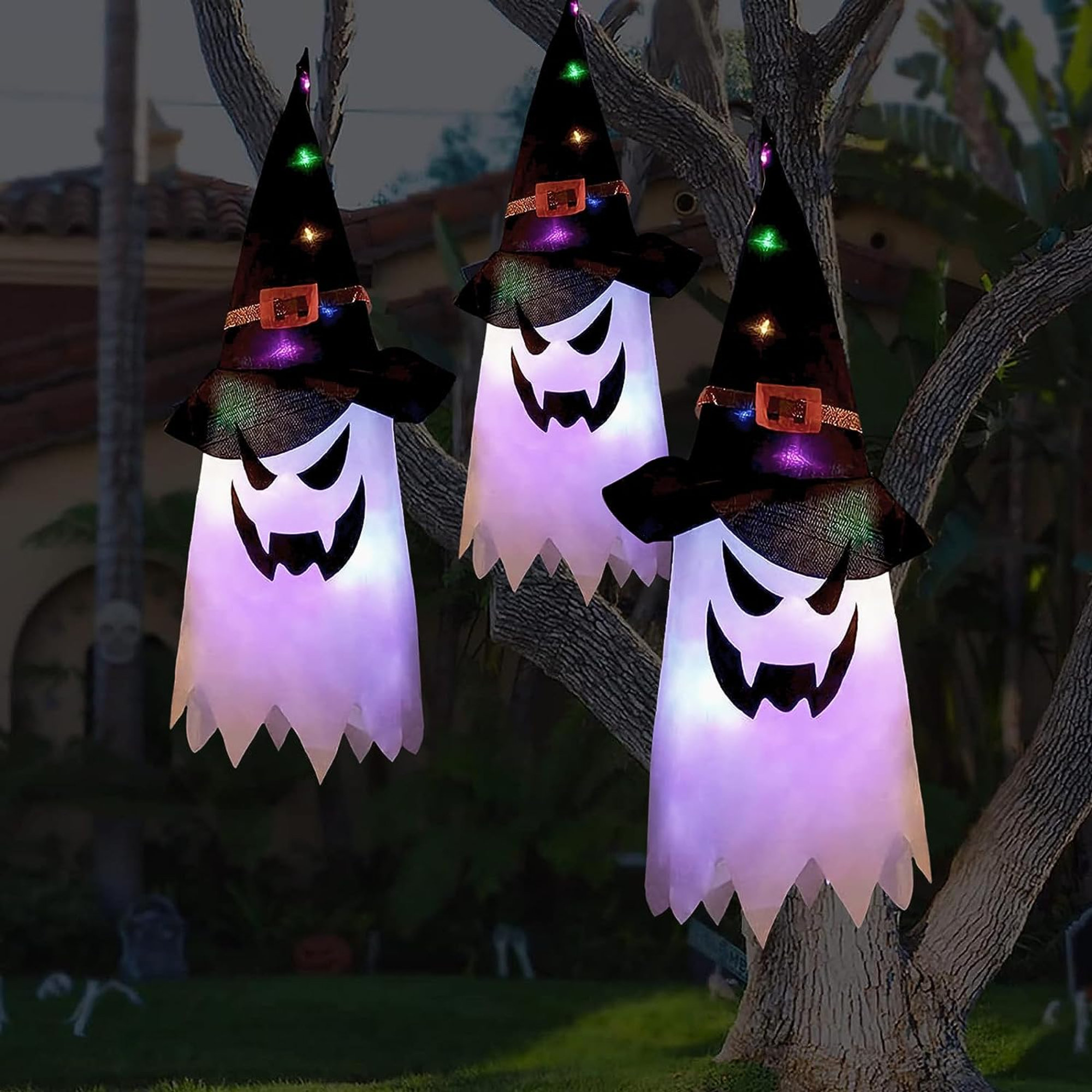 The Holiday Aisle® Large Hanging Glowing Ghost Witch Hat Battery ...