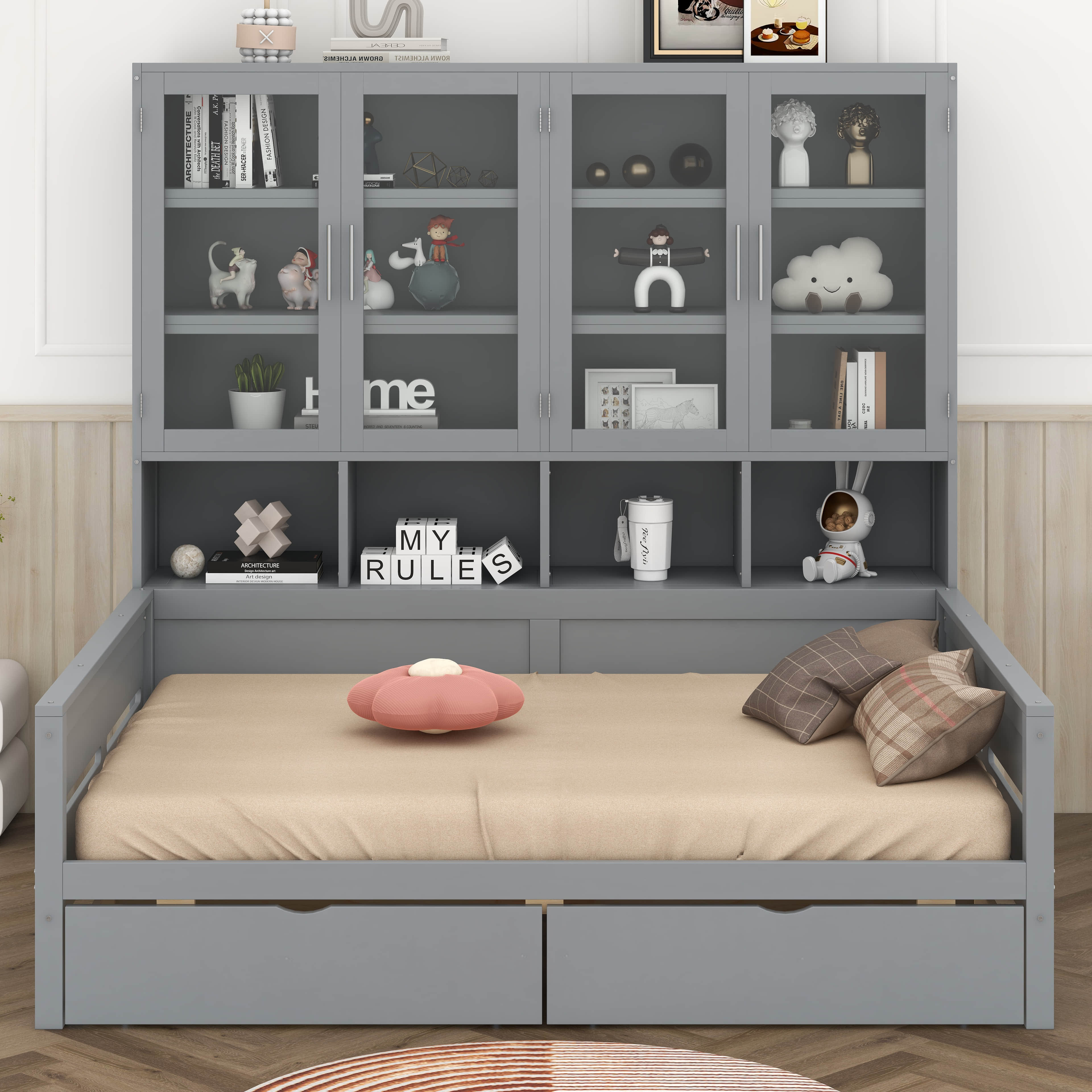 Latitude Run® Full Size Wooden Daybed With Glass-Door Storage Cabinets ...