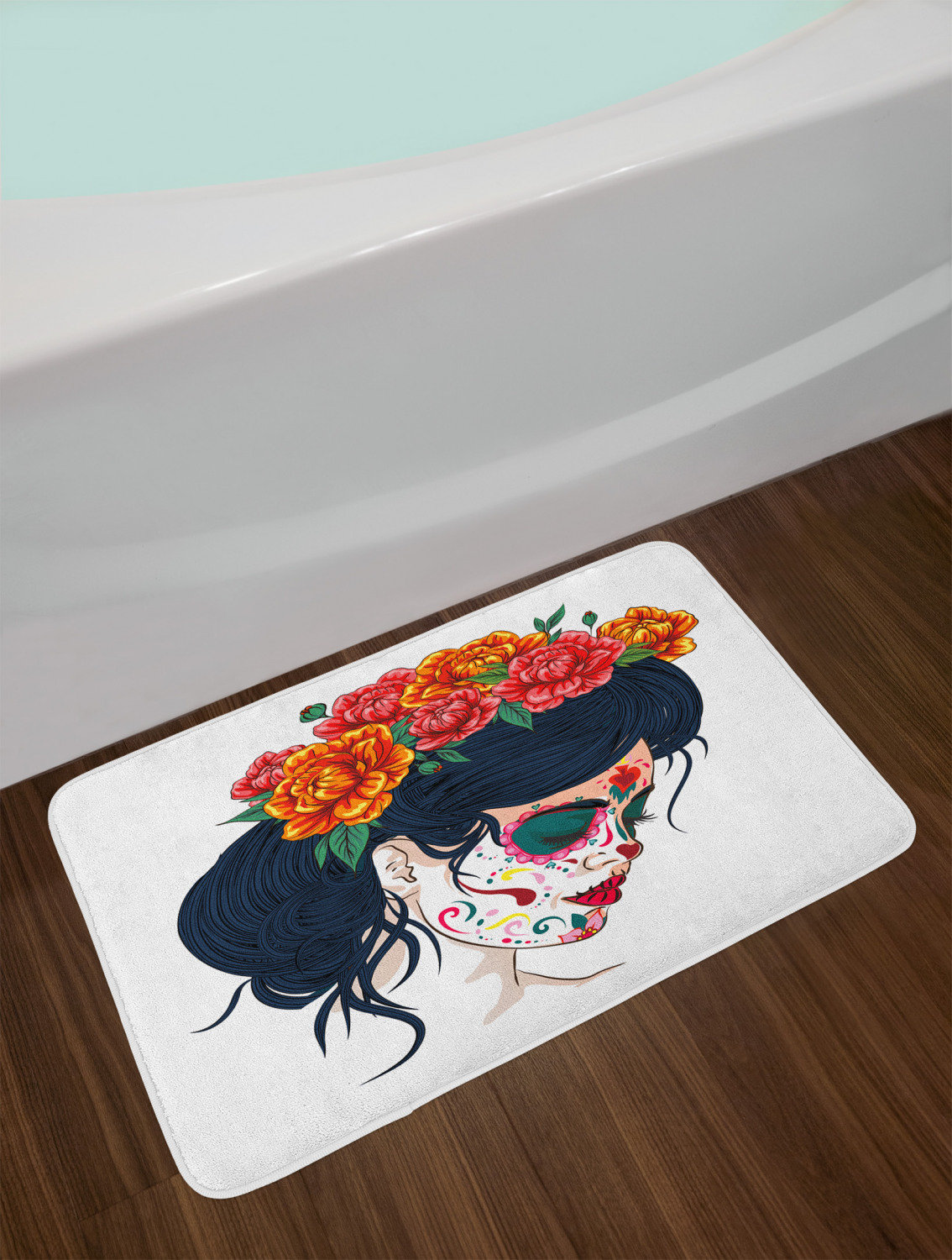 East Urban Home Girl with Sugar Skull Makeup and Floral Wreath Graphic ...