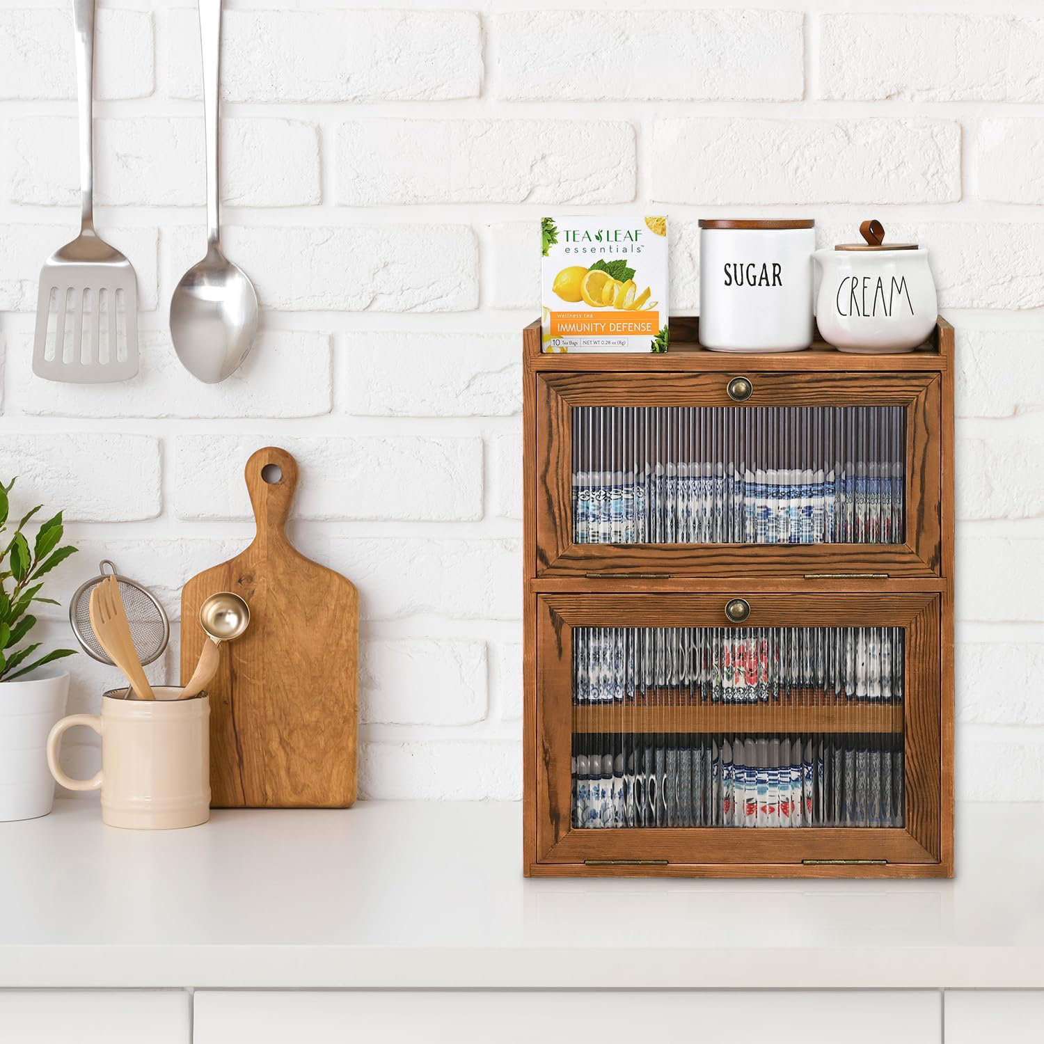 Latitude Run® Rustic Wooden 2-Tier Countertop Storage Cabinet with Wavy ...