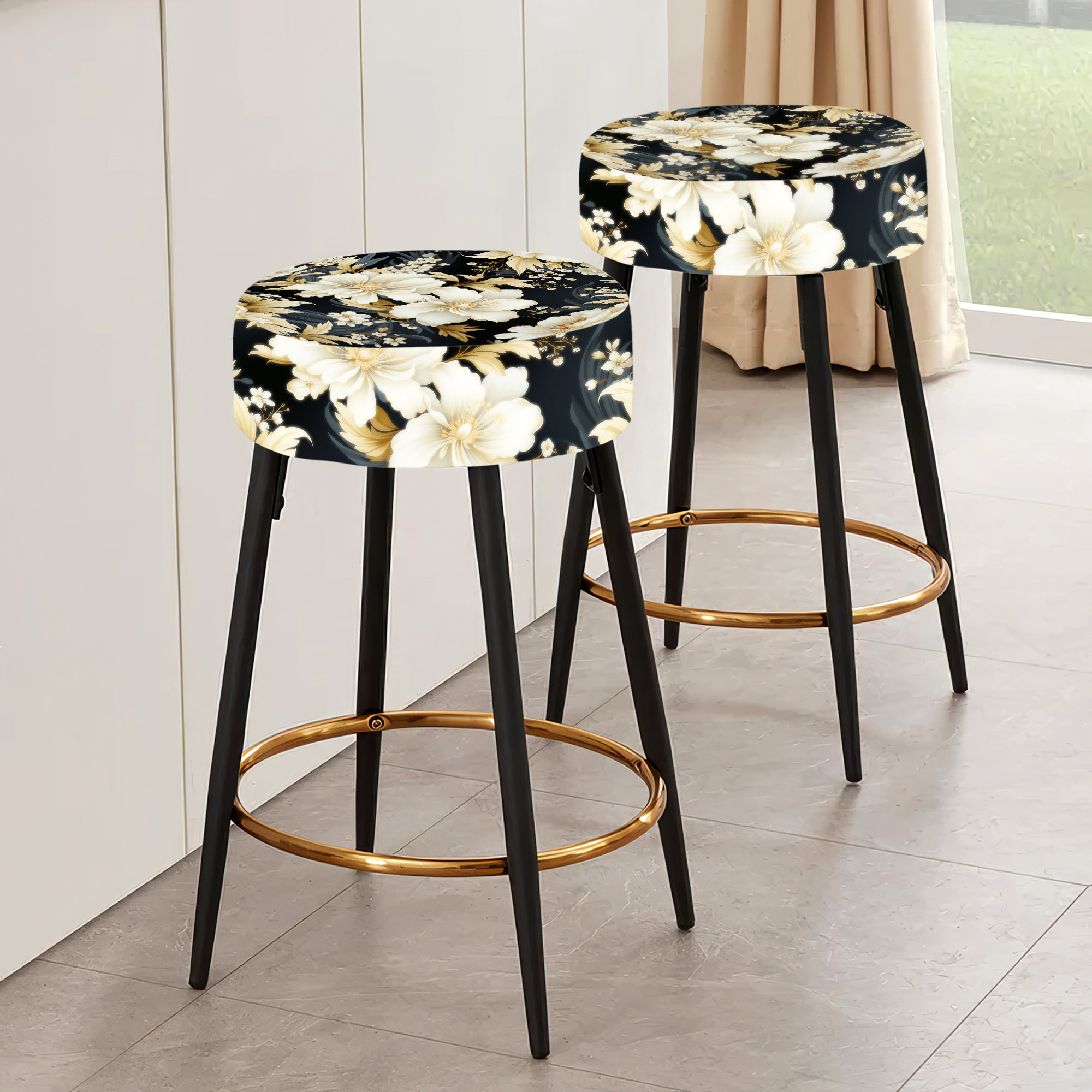 Design Art Victorian Grey And White Flower Elegance II - Floral Bar Stools Set Of 2 | Wayfair