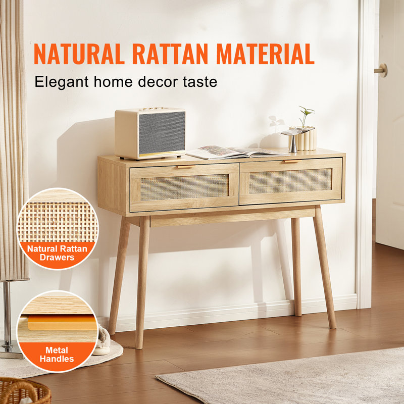 VEVOR Rattan Console Table with 2 Storage Drawers Rattan Sliding Door ...