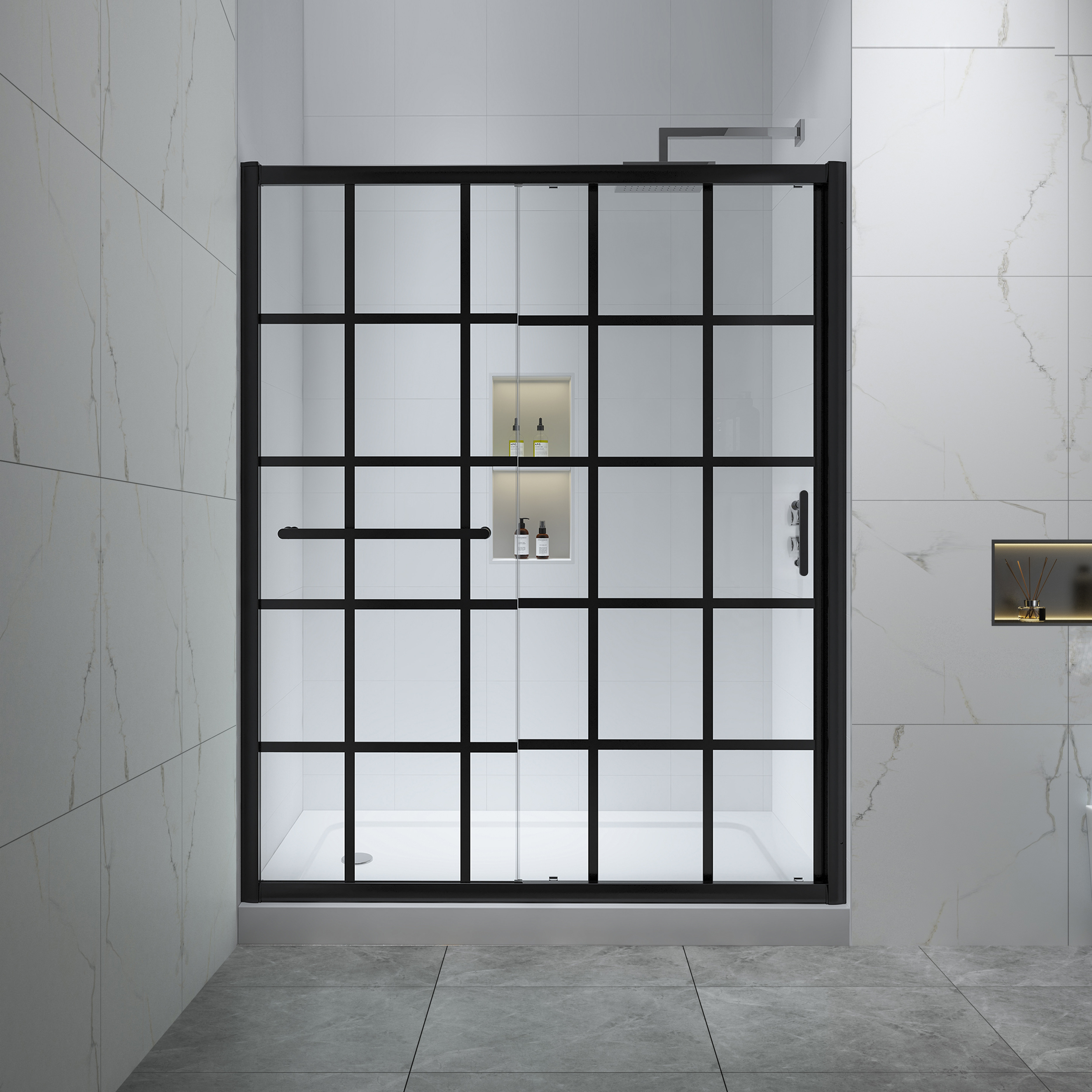 Borealis 54" W x 72" H Single Sliding Aluminum Framed Black-Grid Shower ...