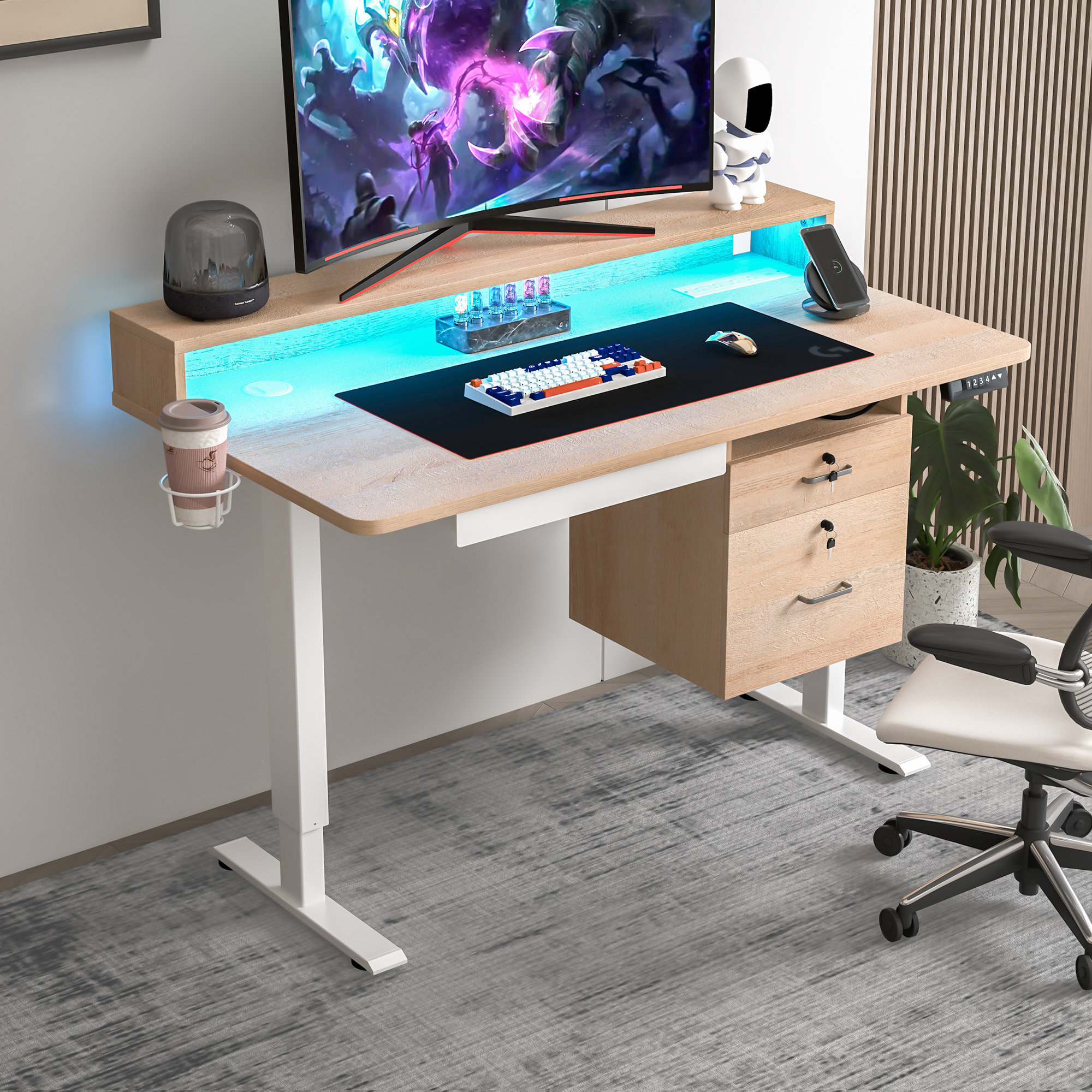 Wrought Studio™ Electric Height Adjustable Desk with Storage and Power ...