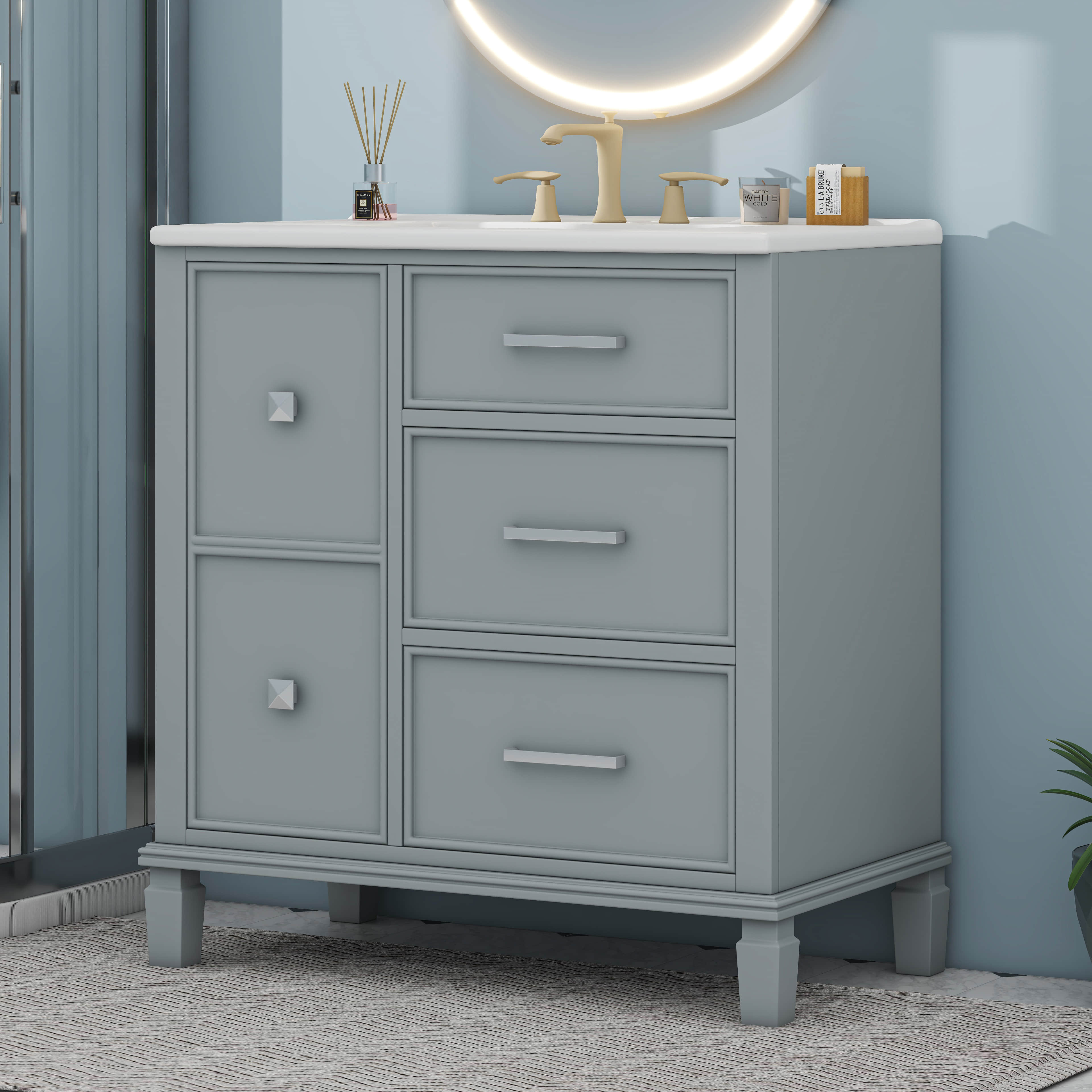 Cosmic 30 Inch Bathroom Vanity With Ceramic Sink, Flip-Out Drawer ...