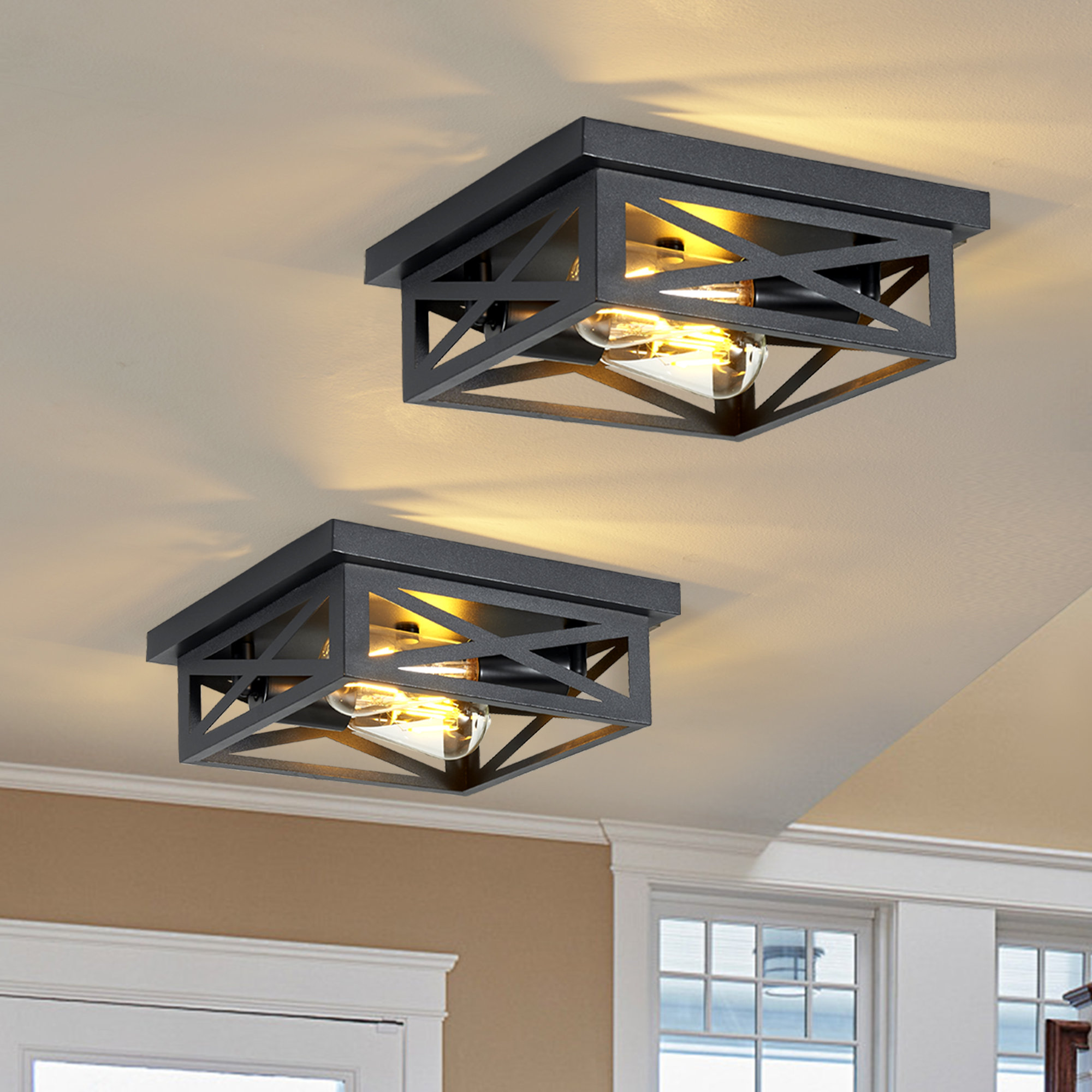 17 Stories 2-lights 9.84" Black Industrial Square Flush Mount Ceiling ...