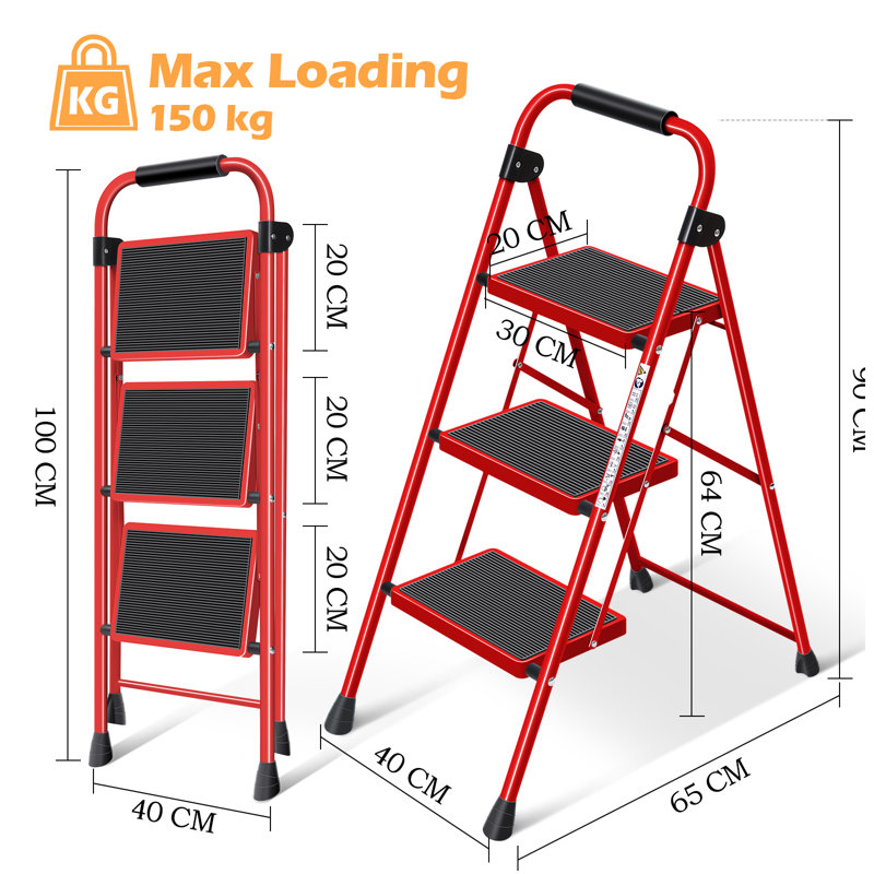 WFX Utility™ 3 Step Ladder Folding Stool Heavy Duty Metal Step Ladder ...