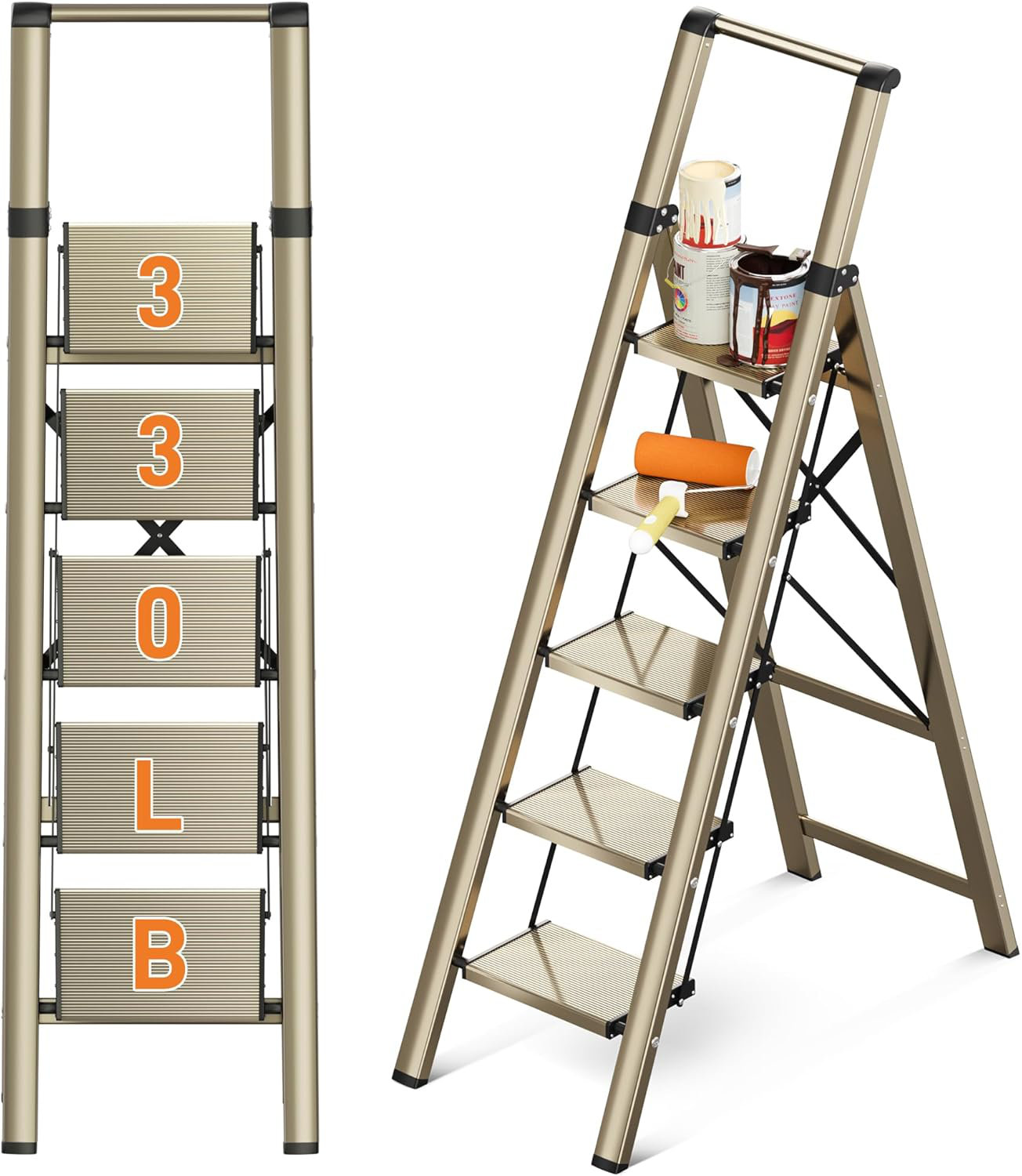 WFX Utility™ 5 Step Ladder, Foldable Step Stool, Aluminum Step Ladder ...