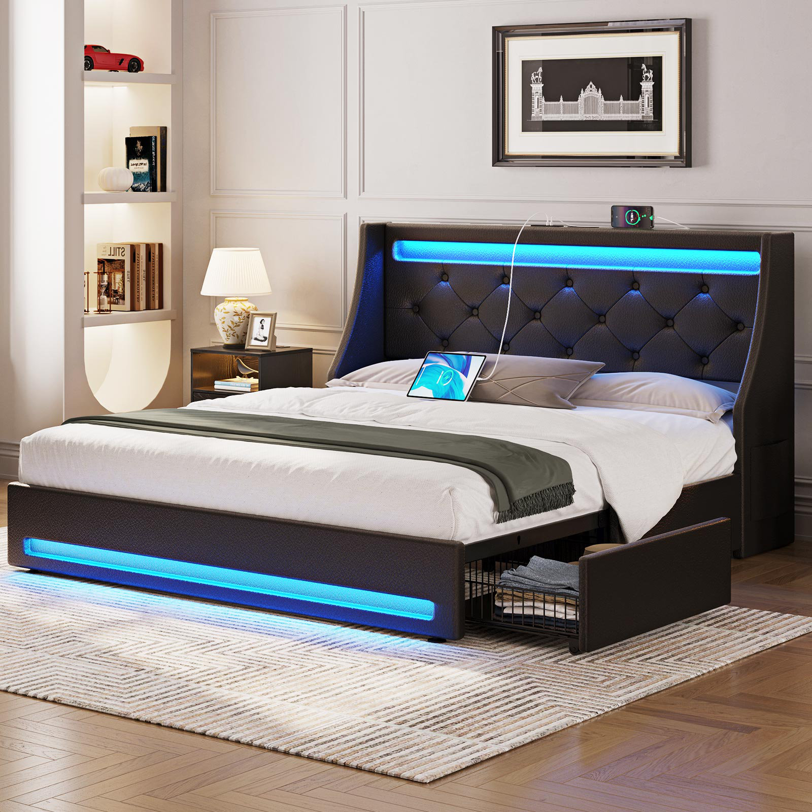 Ivy Bronx Komor Upholstered Storage Bed with Charging Station and LED ...