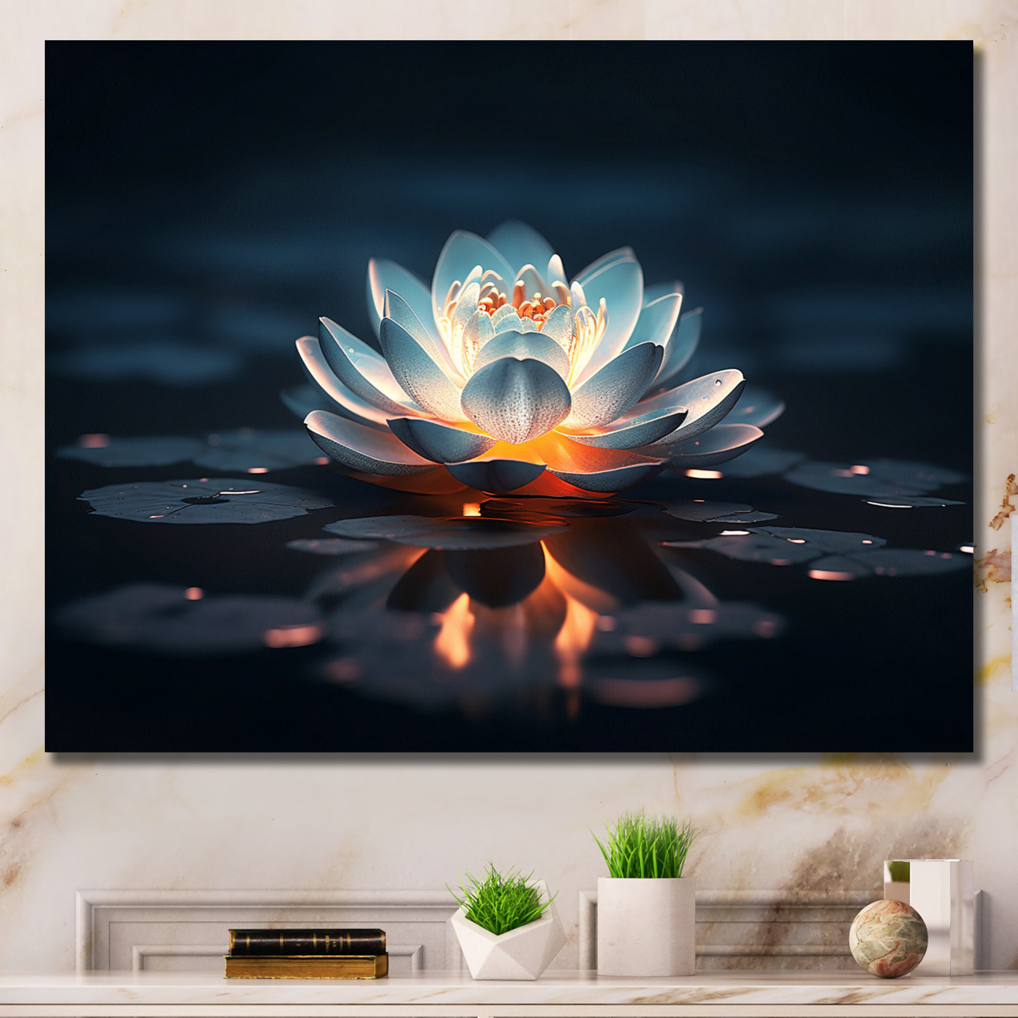 Ebern Designs Blossoming Wild White Lotus In Full Moon Pond - Lotus ...