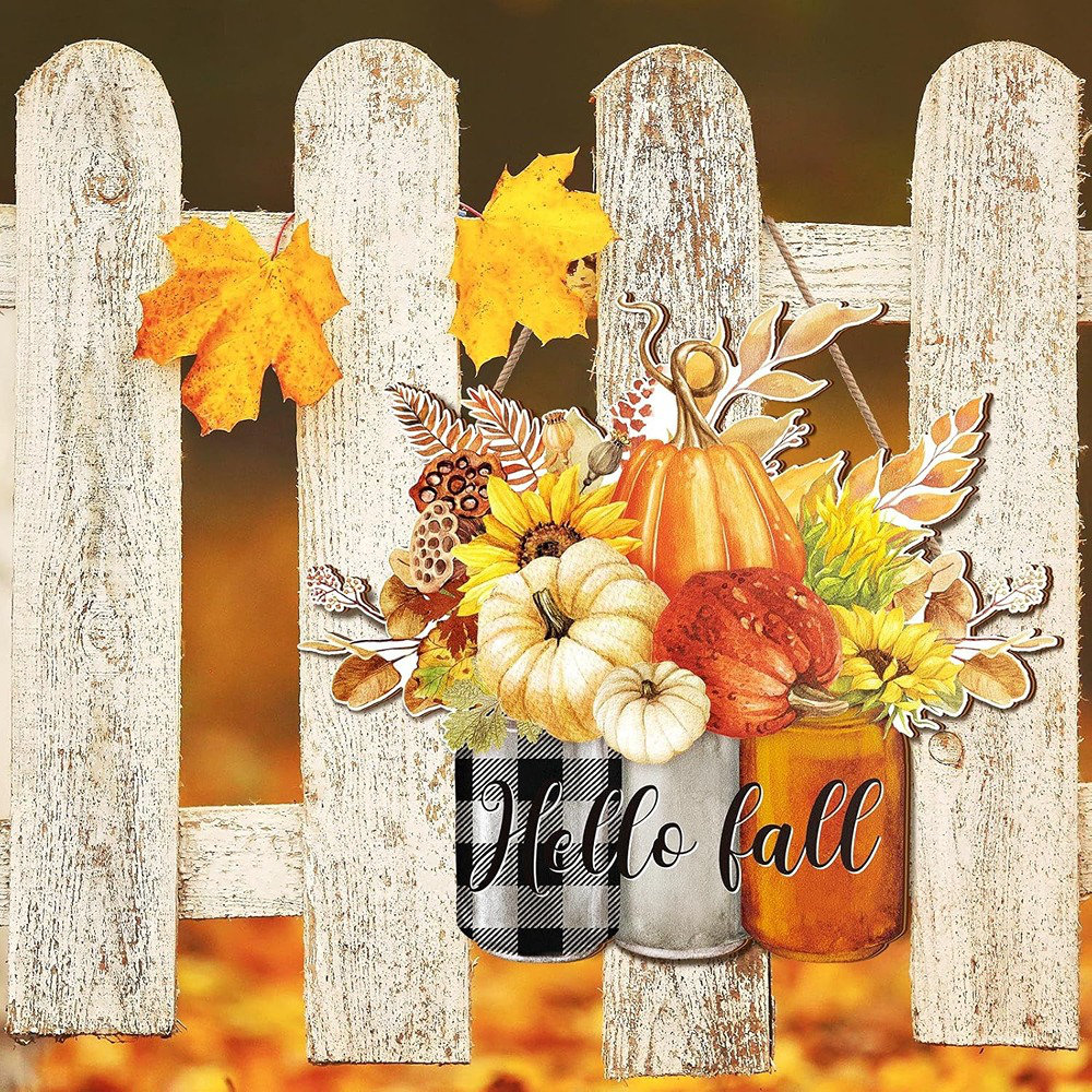 MAXAYA Hello Fall Thanksgiving Door Sign Pumpkin Hanging Decor Fall ...