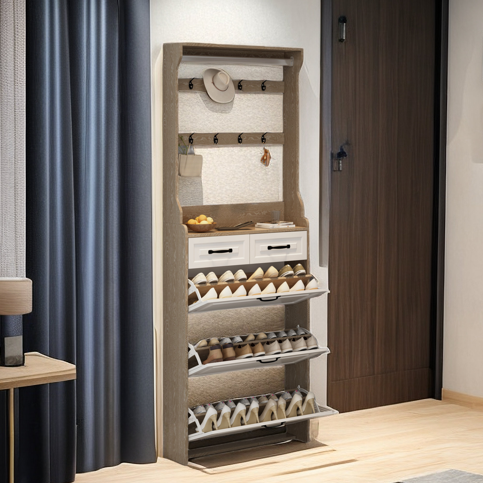 Gracie Oaks 86.61'' Tall Hall Tree With 3 Flip-drawers And 2 Storage ...