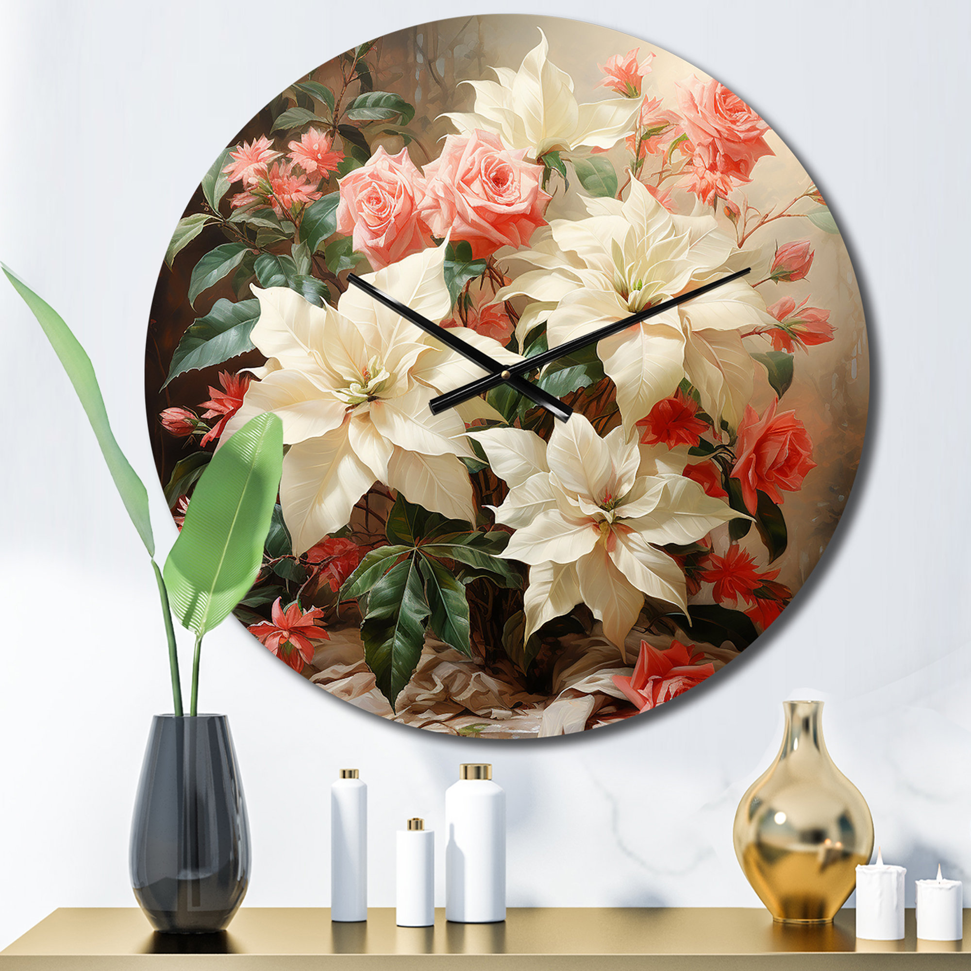 East Urban Home Poinsettias Romantic Impression - Floral Wall Clock ...