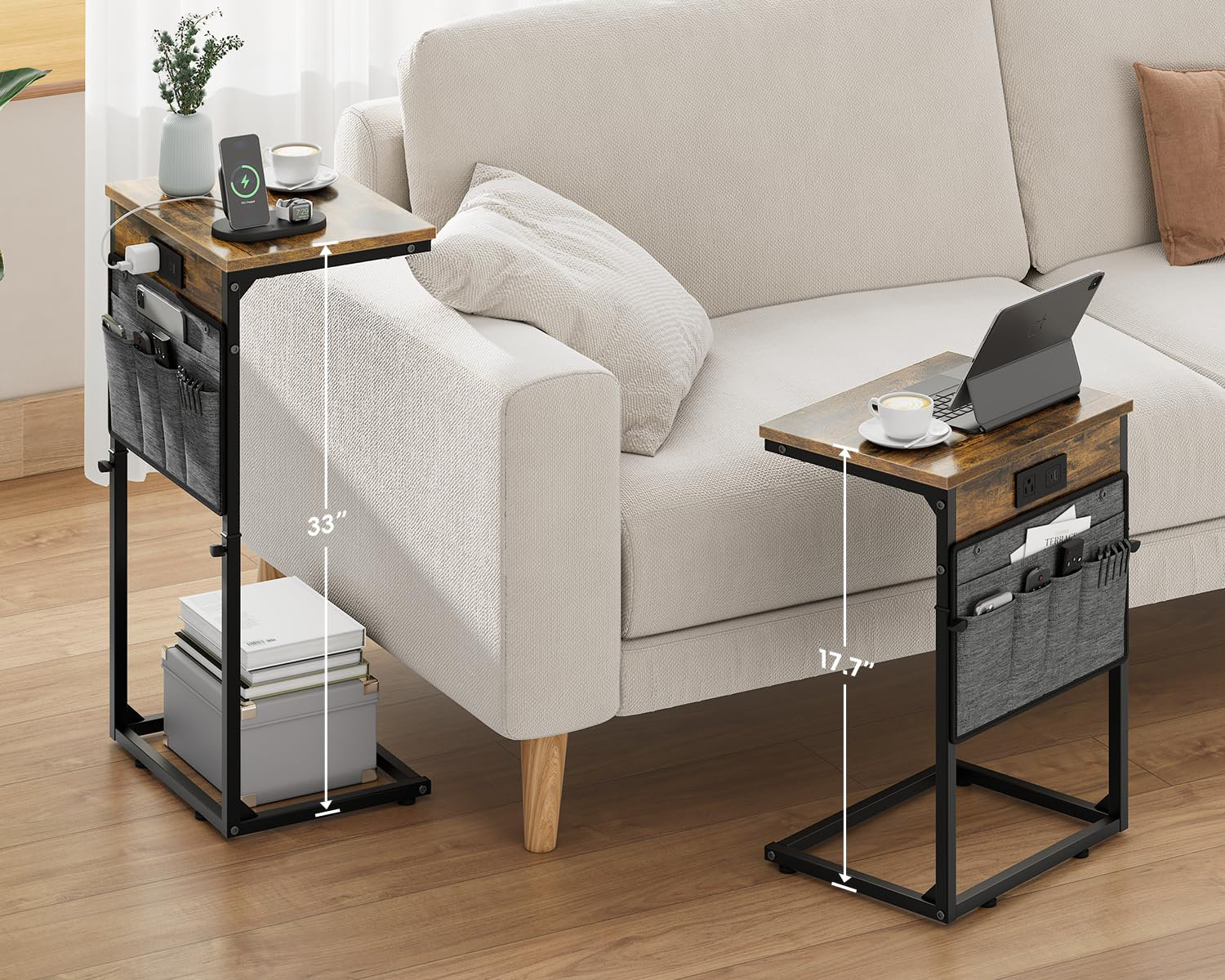 17 Stories C Shaped End Table With Charging Station, 33" Tall Side ...
