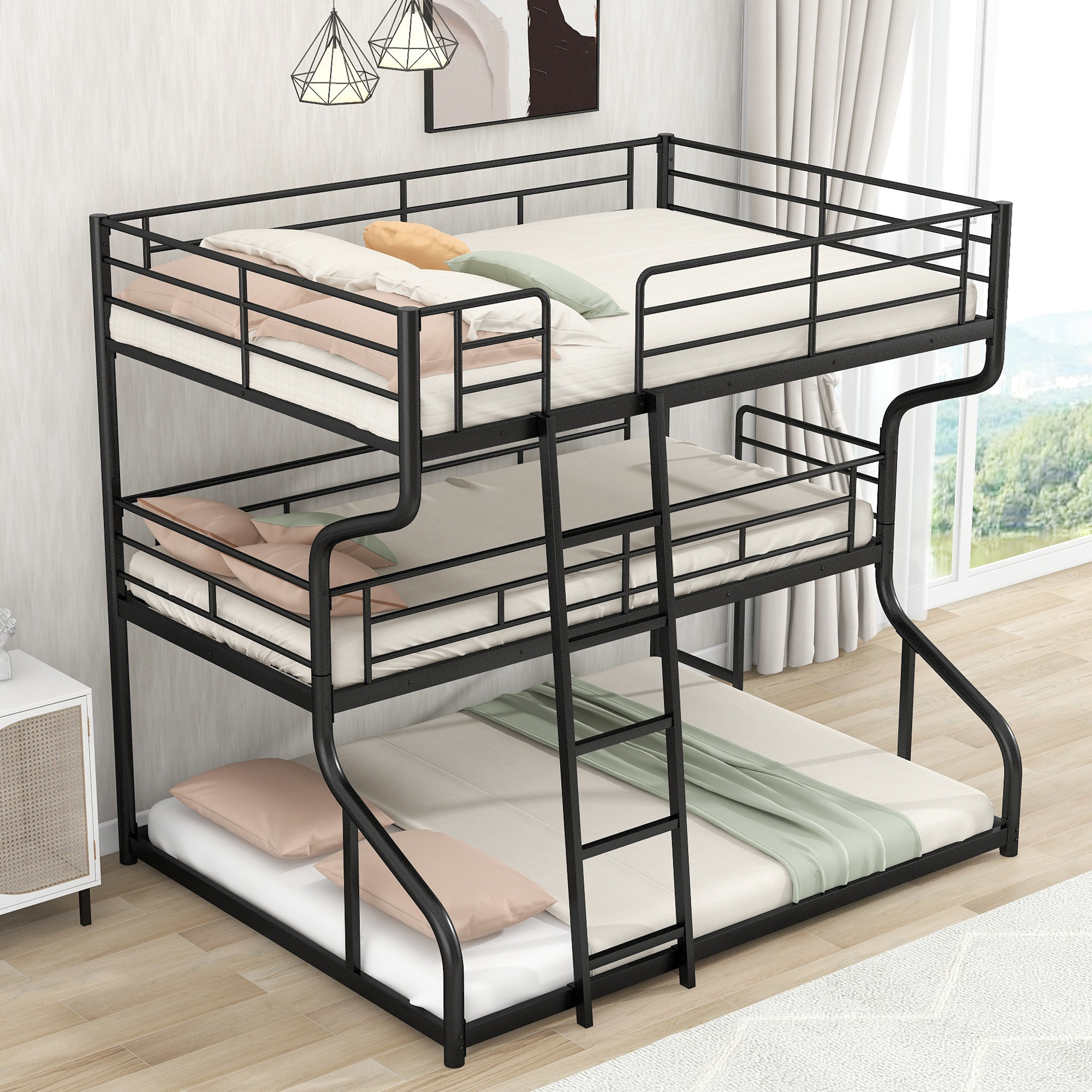 Latitude Run® Full XL over Twin XL over Queen Triple Bunk Bed with Long ...