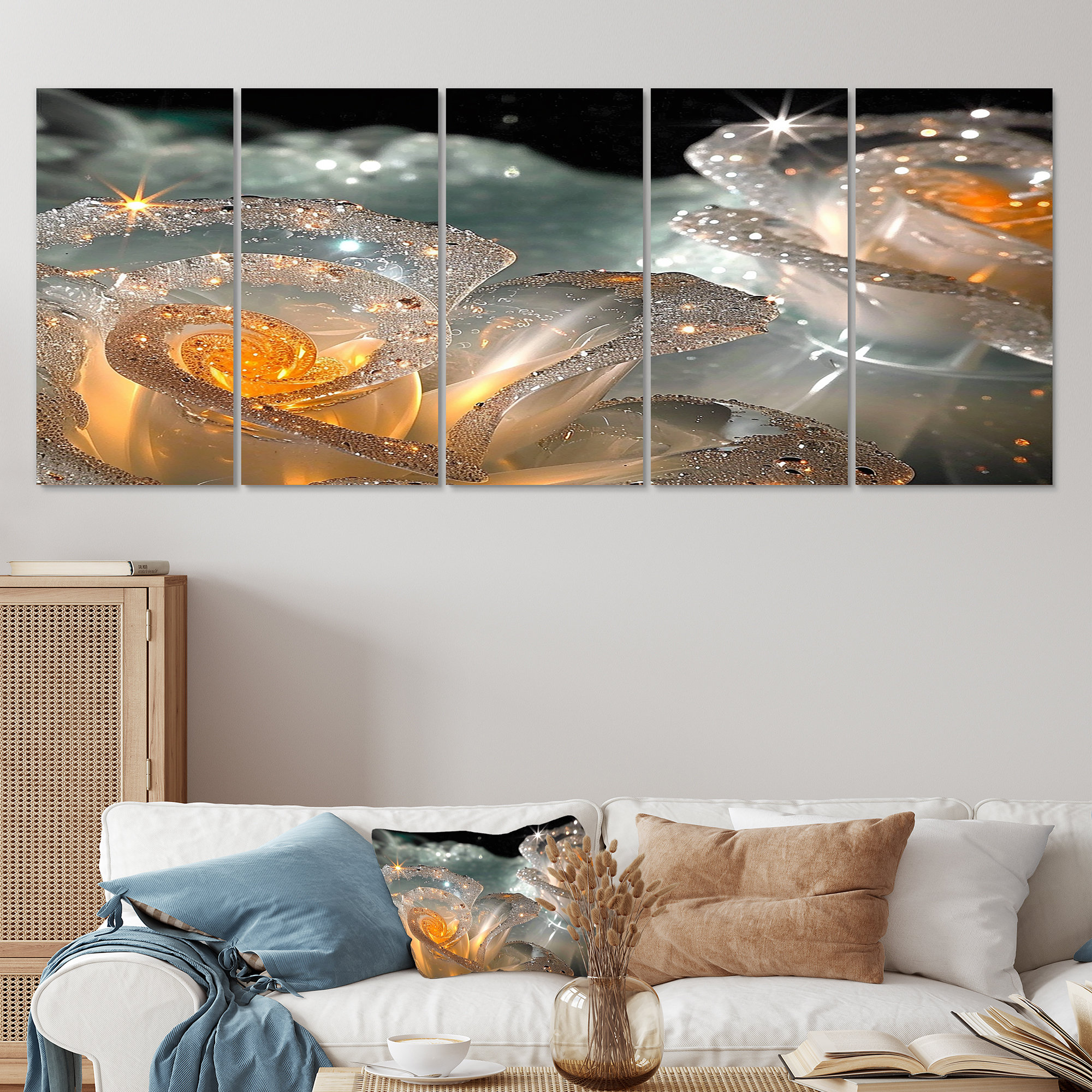 Design Art Sparking Translucent Roses Golden Glam Core - Rose Wall Art ...