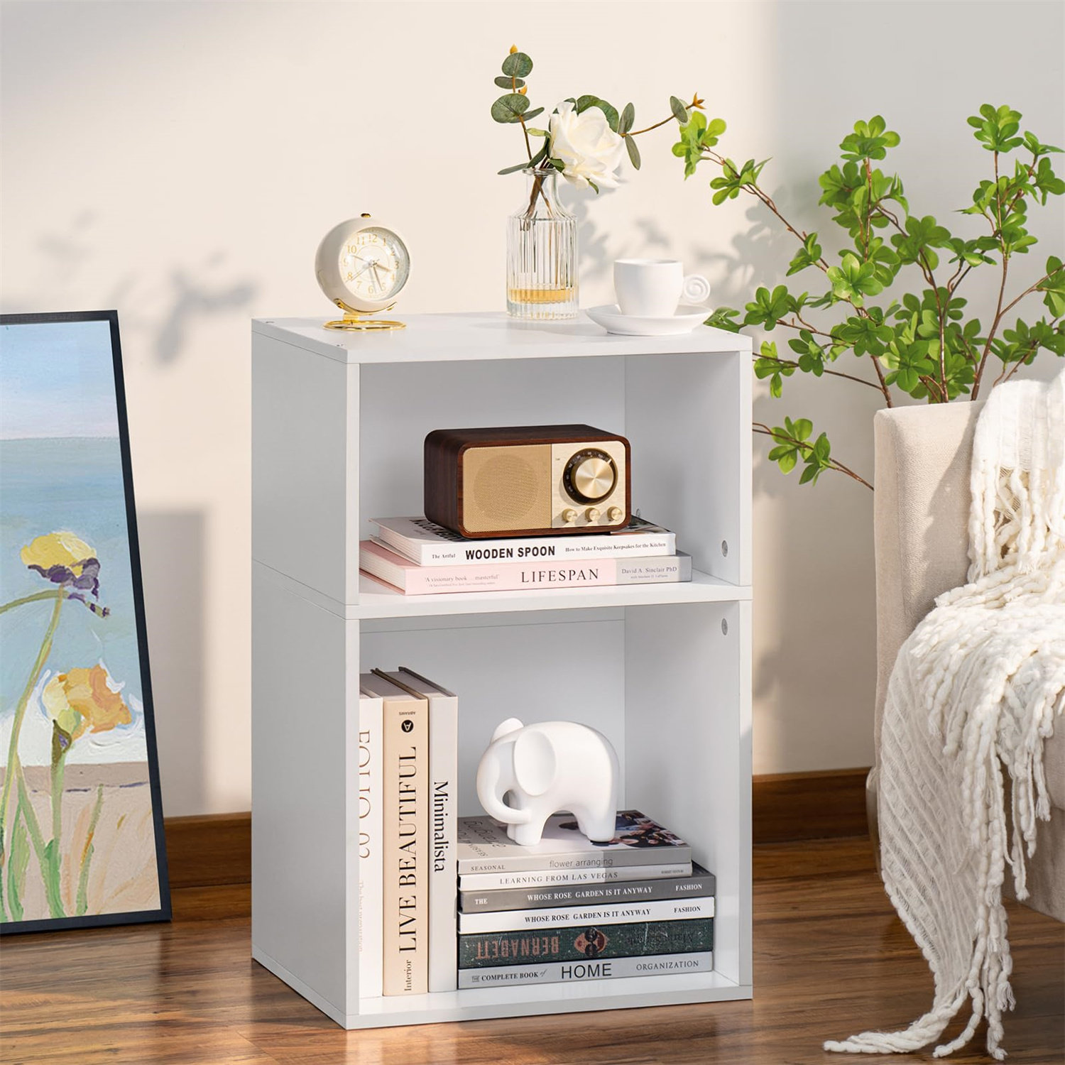 Ebern Designs Compact Black Wood Cubby Shelf - Record Player Stand ...