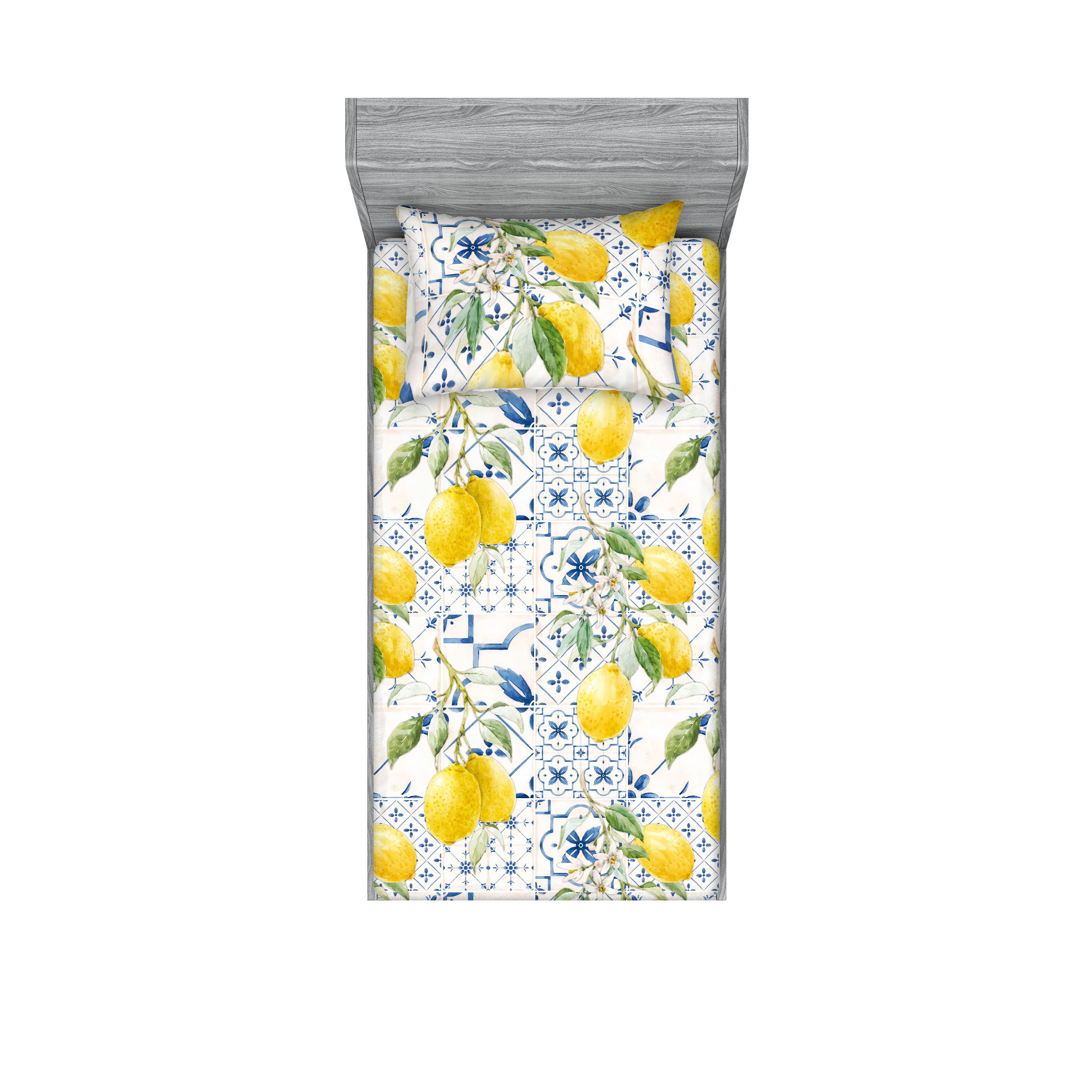 Ambesonne Fitted Sheet & Shams Lemon Garden Scene Floral Mustard ...