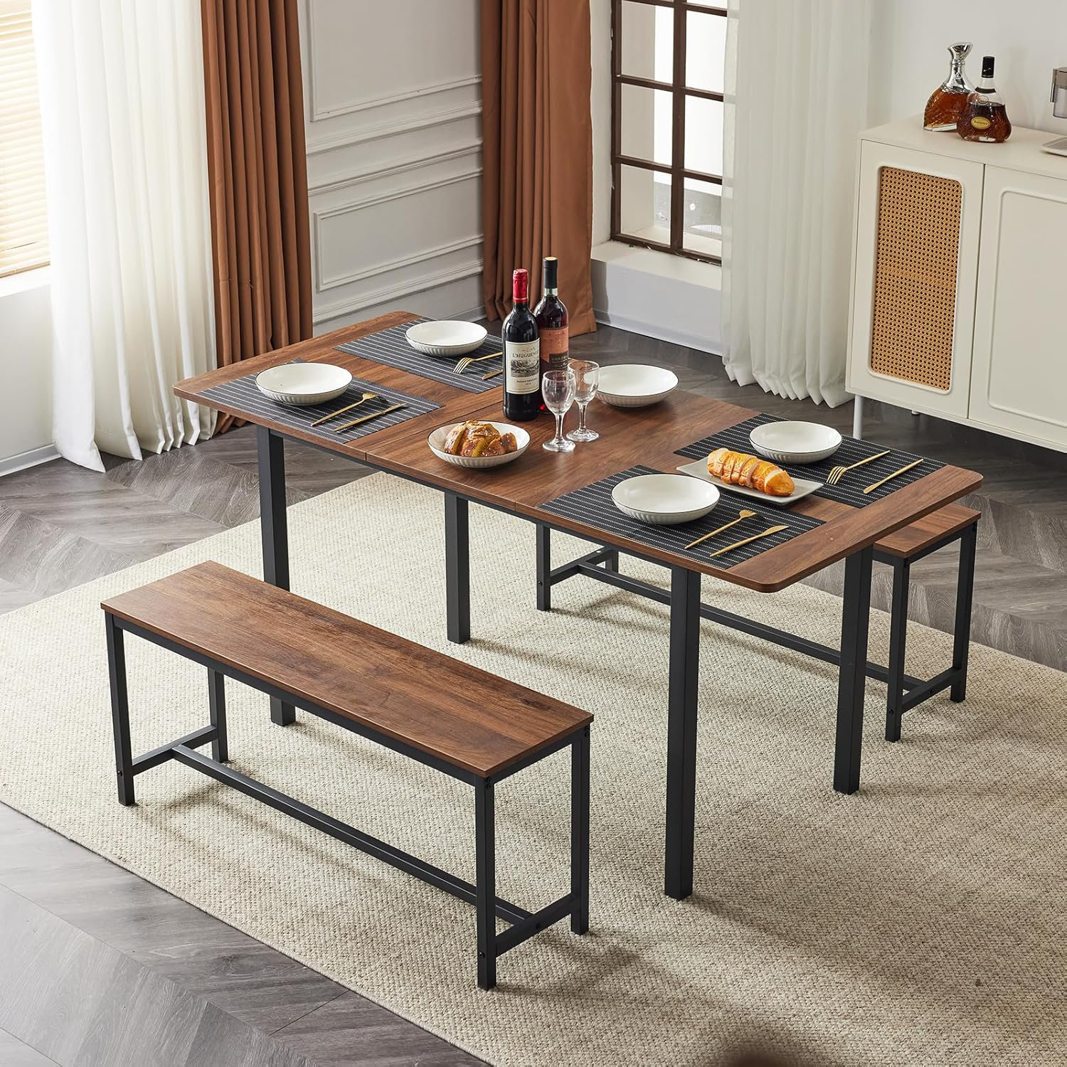 Winado 6-Person Extendable Farmhouse Style Dining Table and Benches ...