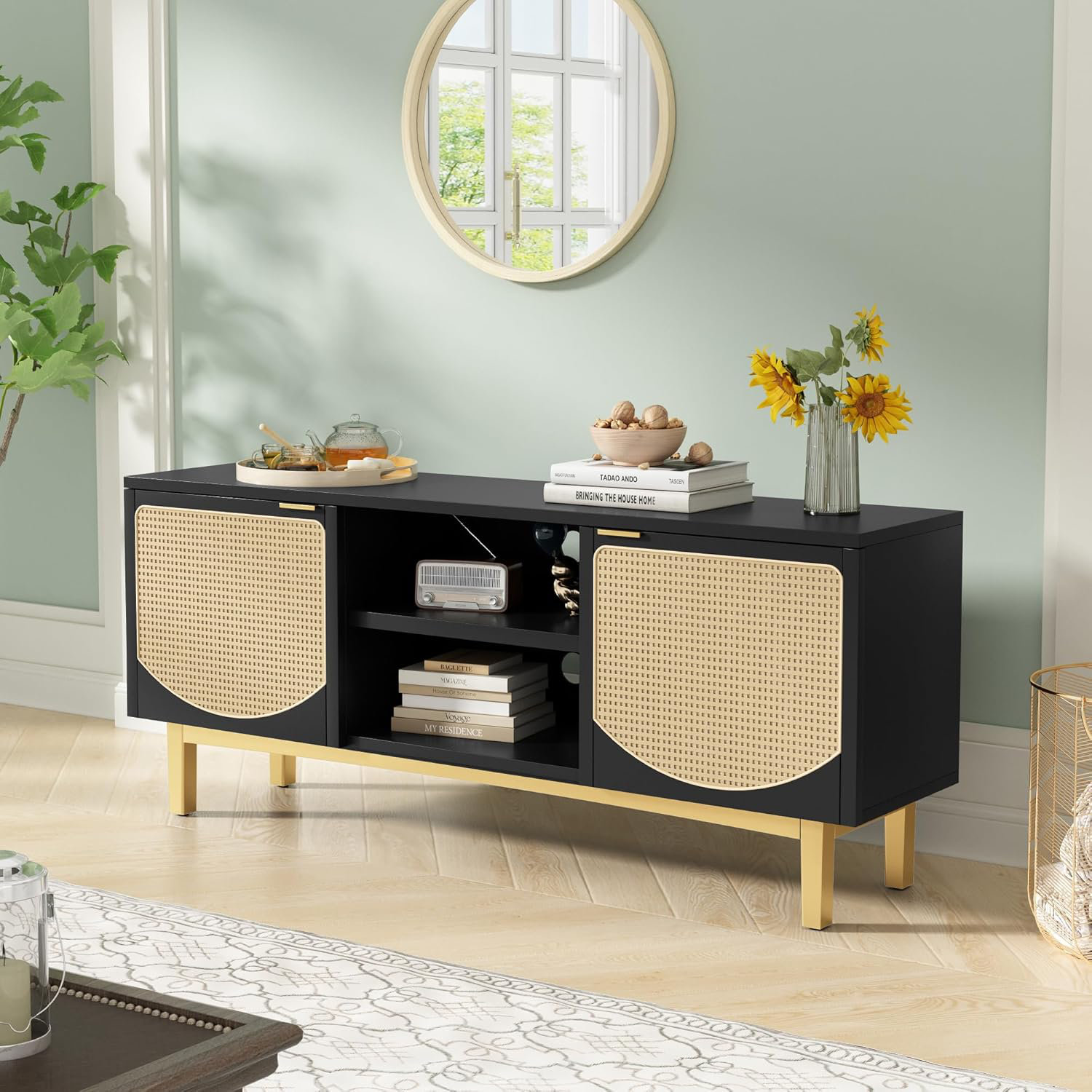 Bay Isle Home™ 58”Rattan TV Stand Mid Century Modern TV Stand For 55/60 ...