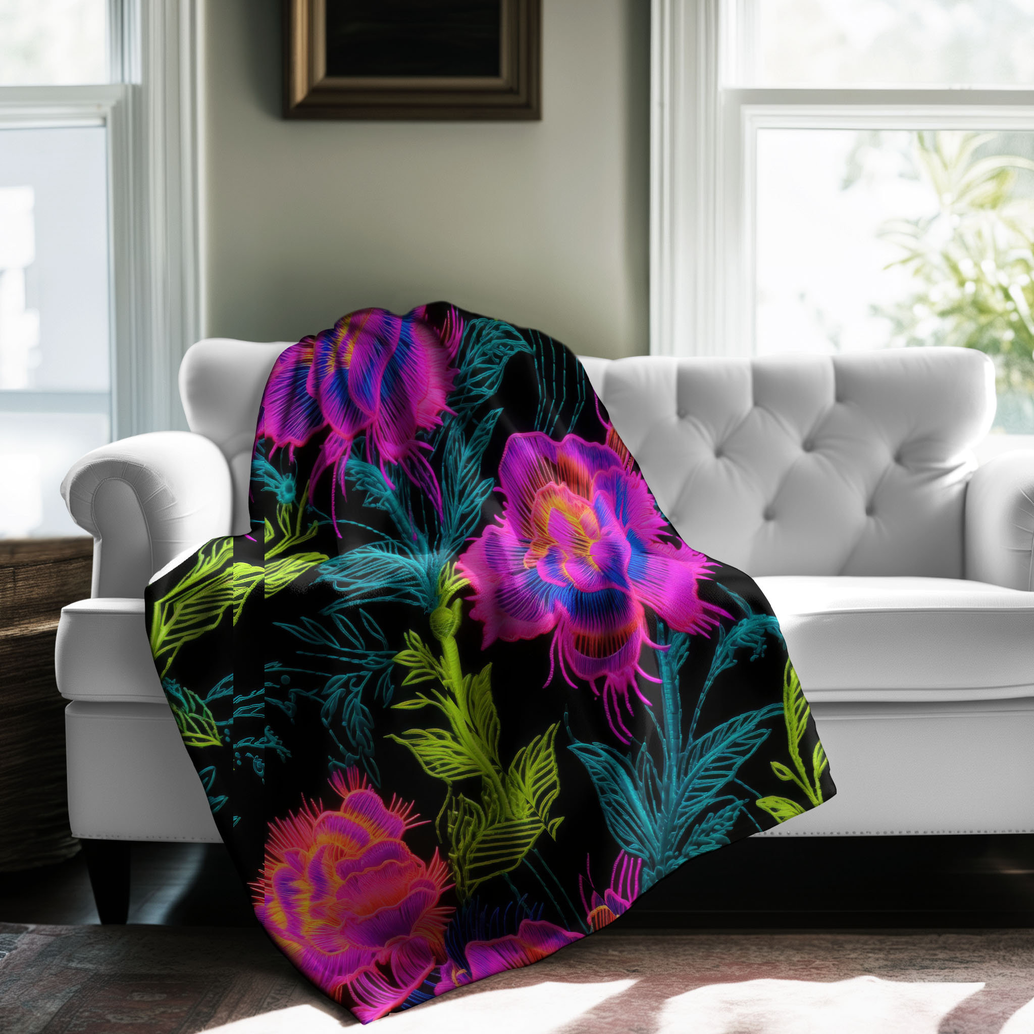 MentionedYou Neon Glow Floral Patterns - 1 Piece Premium Sherpa Throw ...
