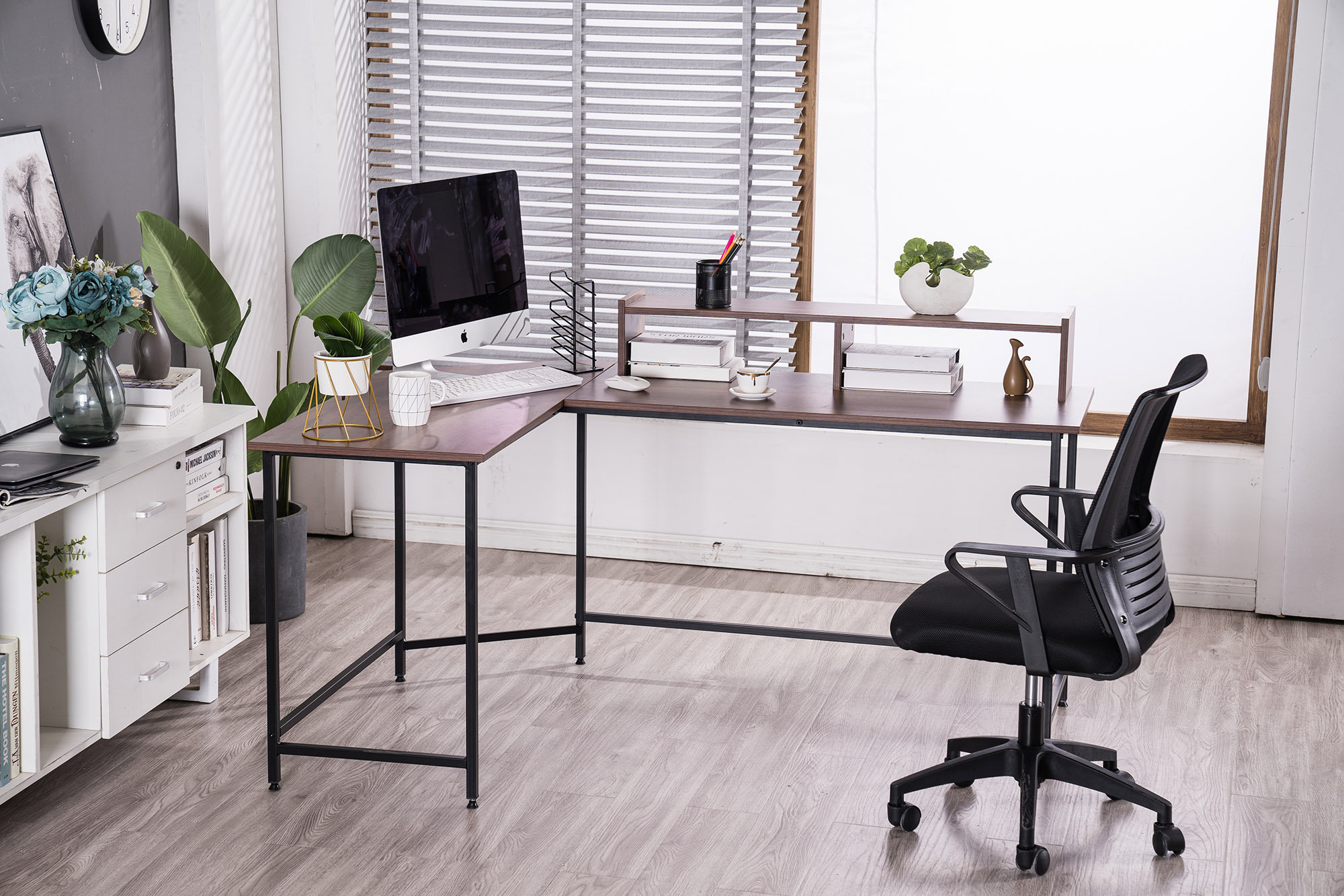 Latitude Run® L-Shape Corner Writing Desk with with Monitor Stand ...