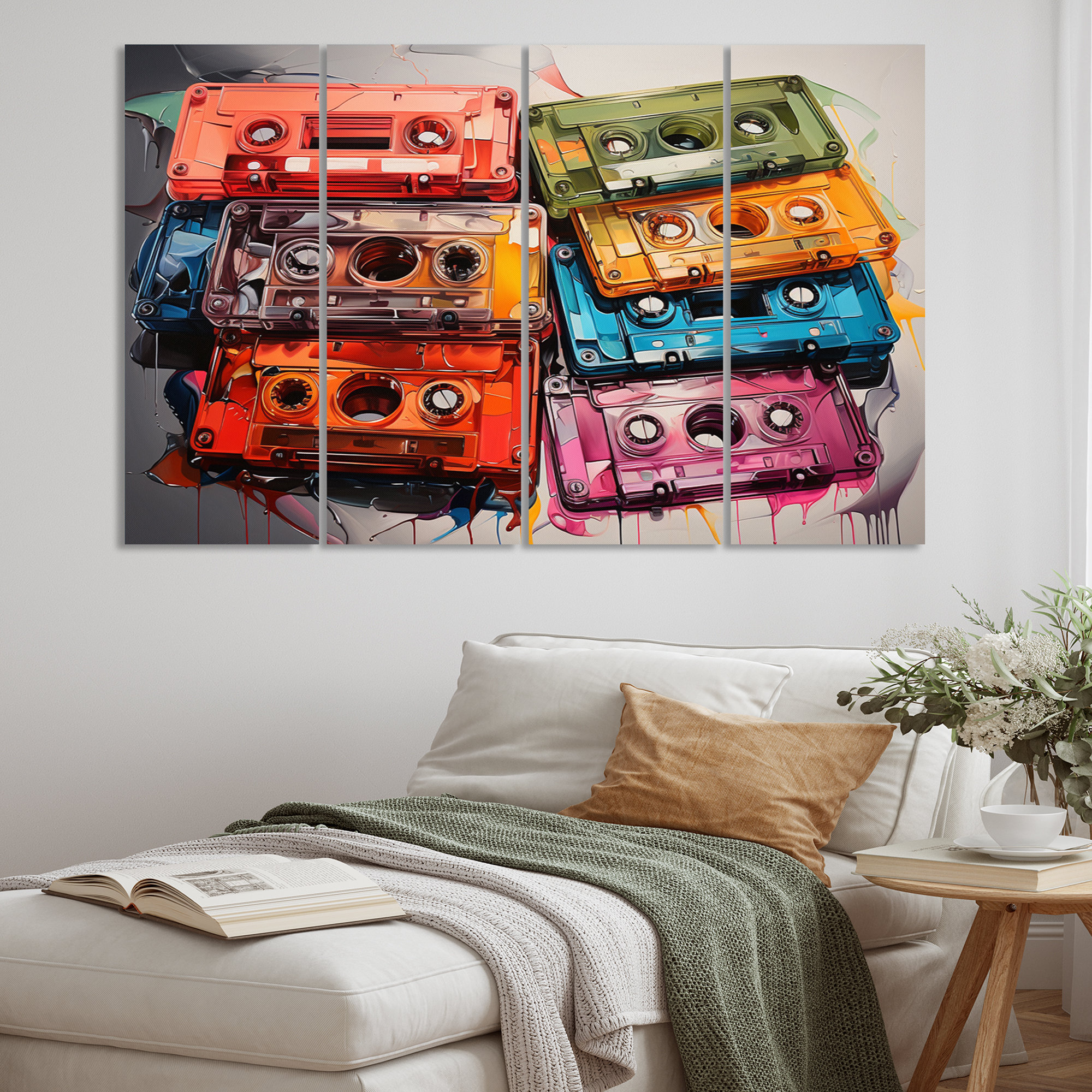 Design Art Popart Cassette Tapes III - Music Canvas Print - 4 Panels ...