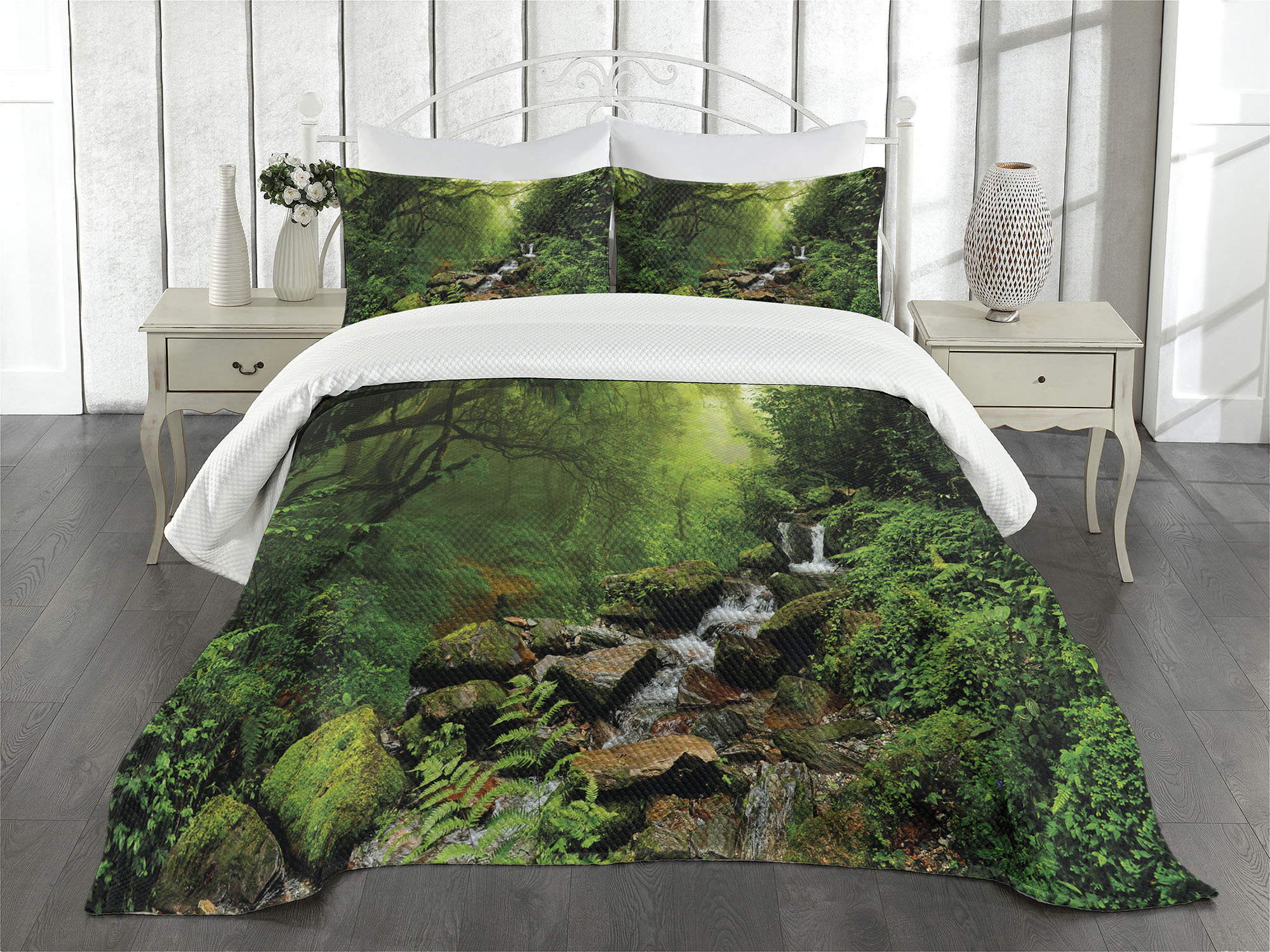 Ambesonne Nature Bedspread Set Idyllic Forest Design Emerald Hunter ...