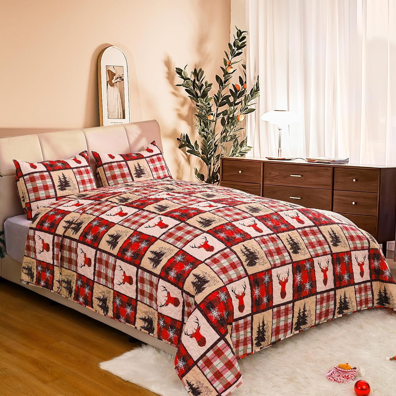 MEMOKY Christmas Quilt Set, Red Christmas Bedding Set Christmas ...
