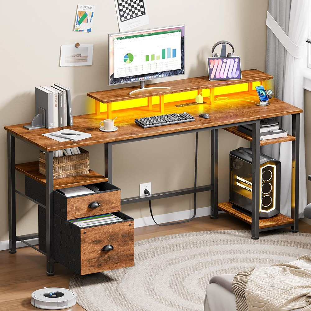 Inbox Zero Computer Desk With Power Outlet And LED Lights, Desk With ...