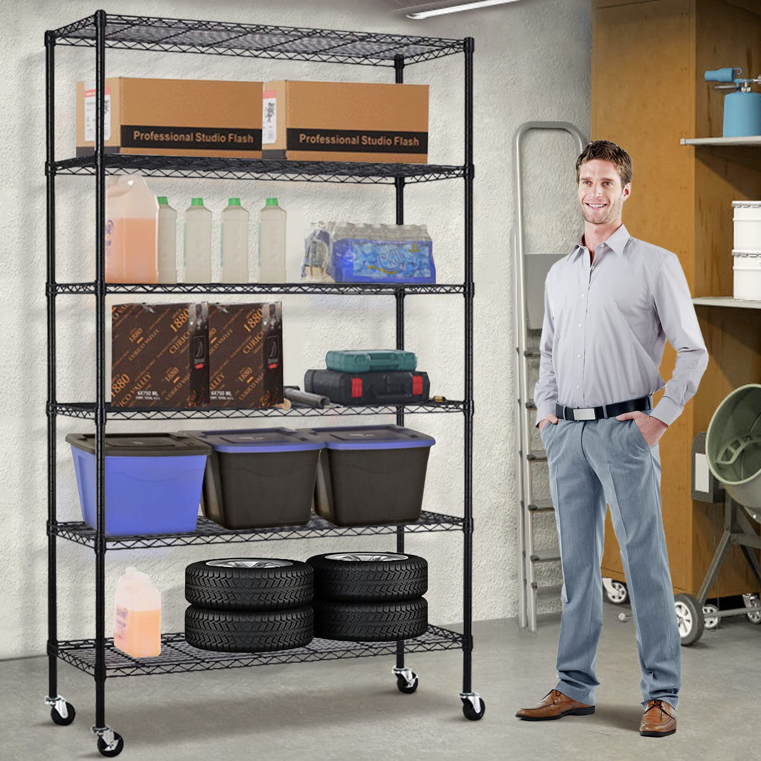 Rebrilliant Lonis 6 Tier Wire Shelving on Wheels Storage Shelves 48" W ...