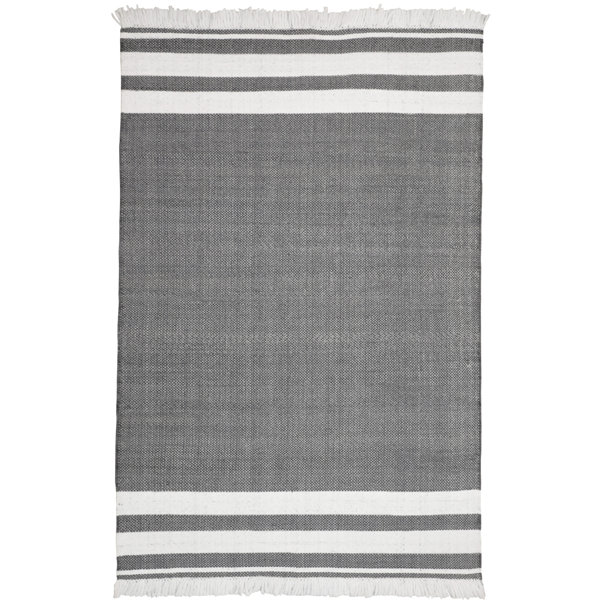 Gracie Oaks Vianay Dark Gray/White Striped Contemporary Hand-Woven PET ...