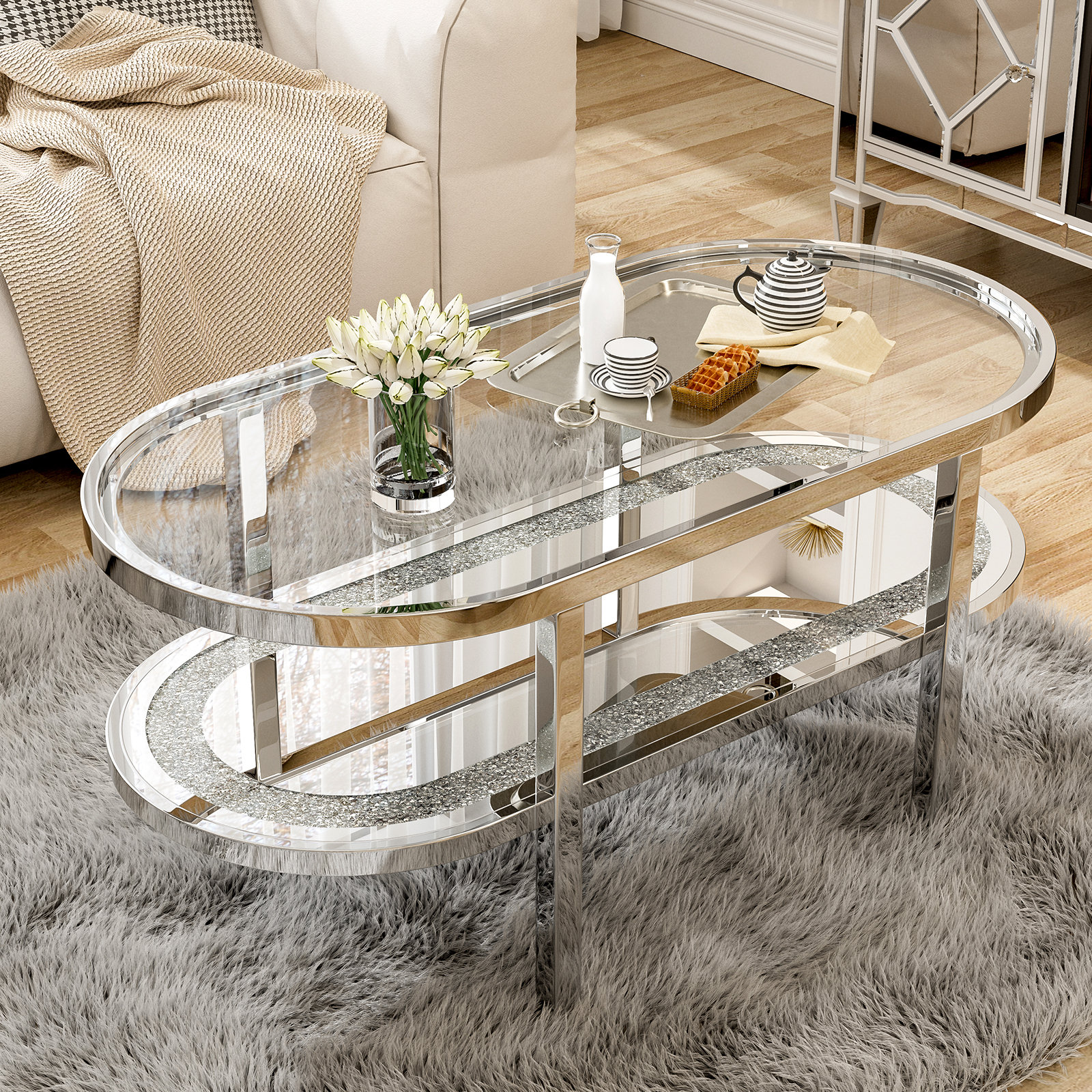 Mercer41 Merrissa Mirrored Glass Coffee Table with 2 Tier Glass ...