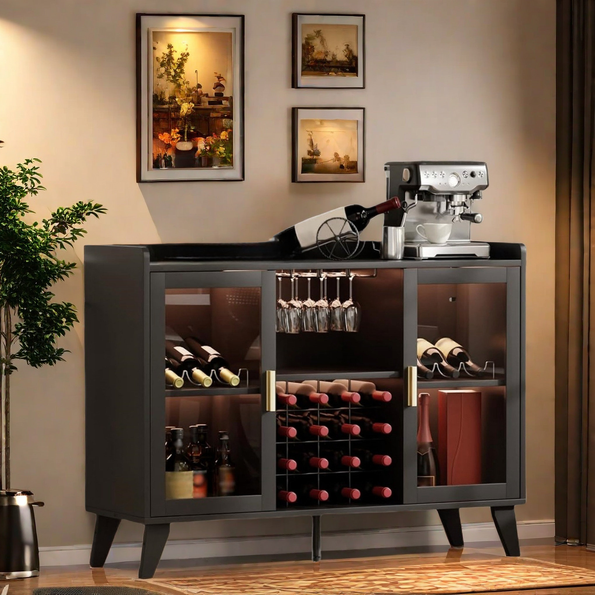 Winston Porter Wine Bar Cabinet With Led Lights, Wine Racks And Glass ...