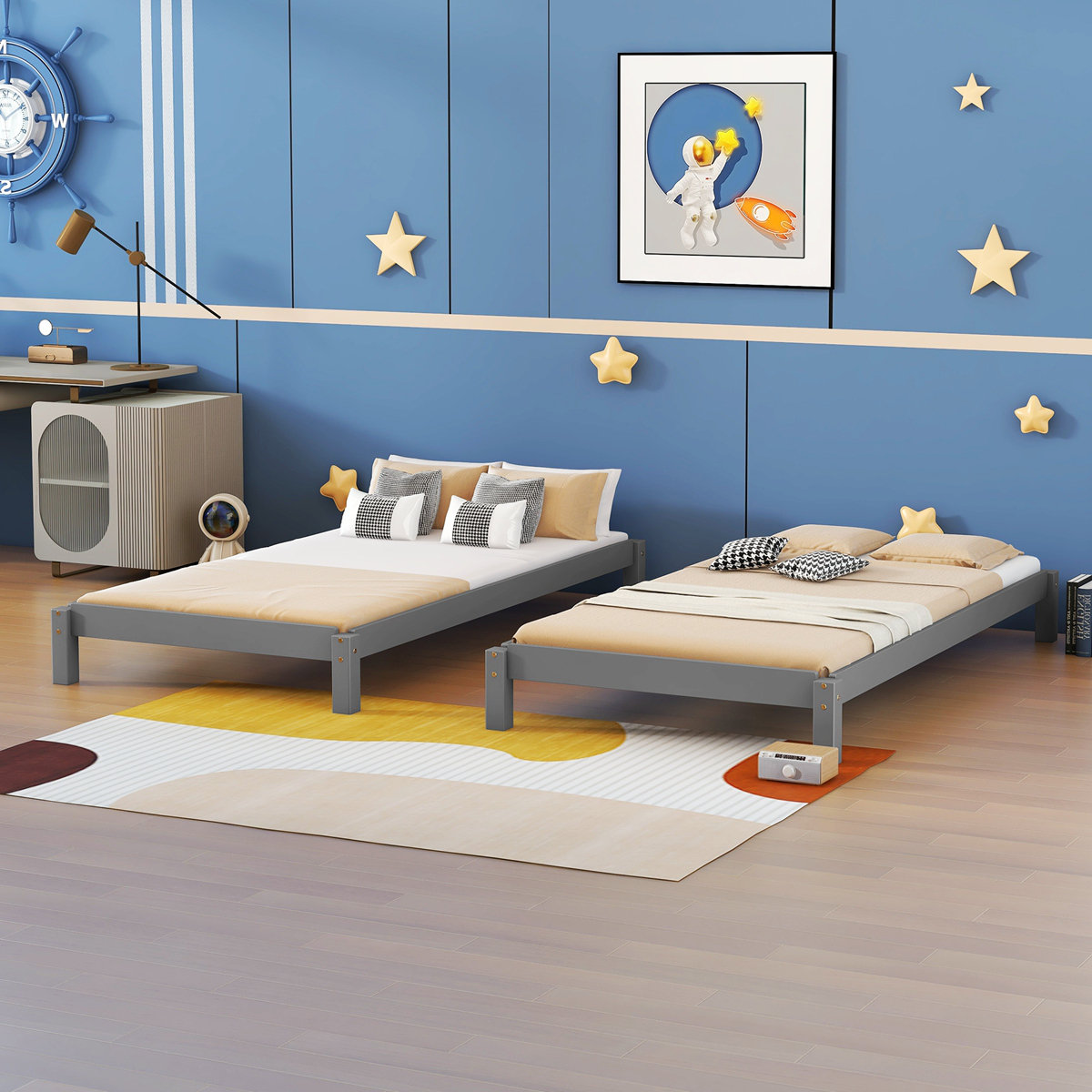 Ebern Designs Solid Platform Bed, 2 Twin Wood Bed Guest Bed Stackable ...