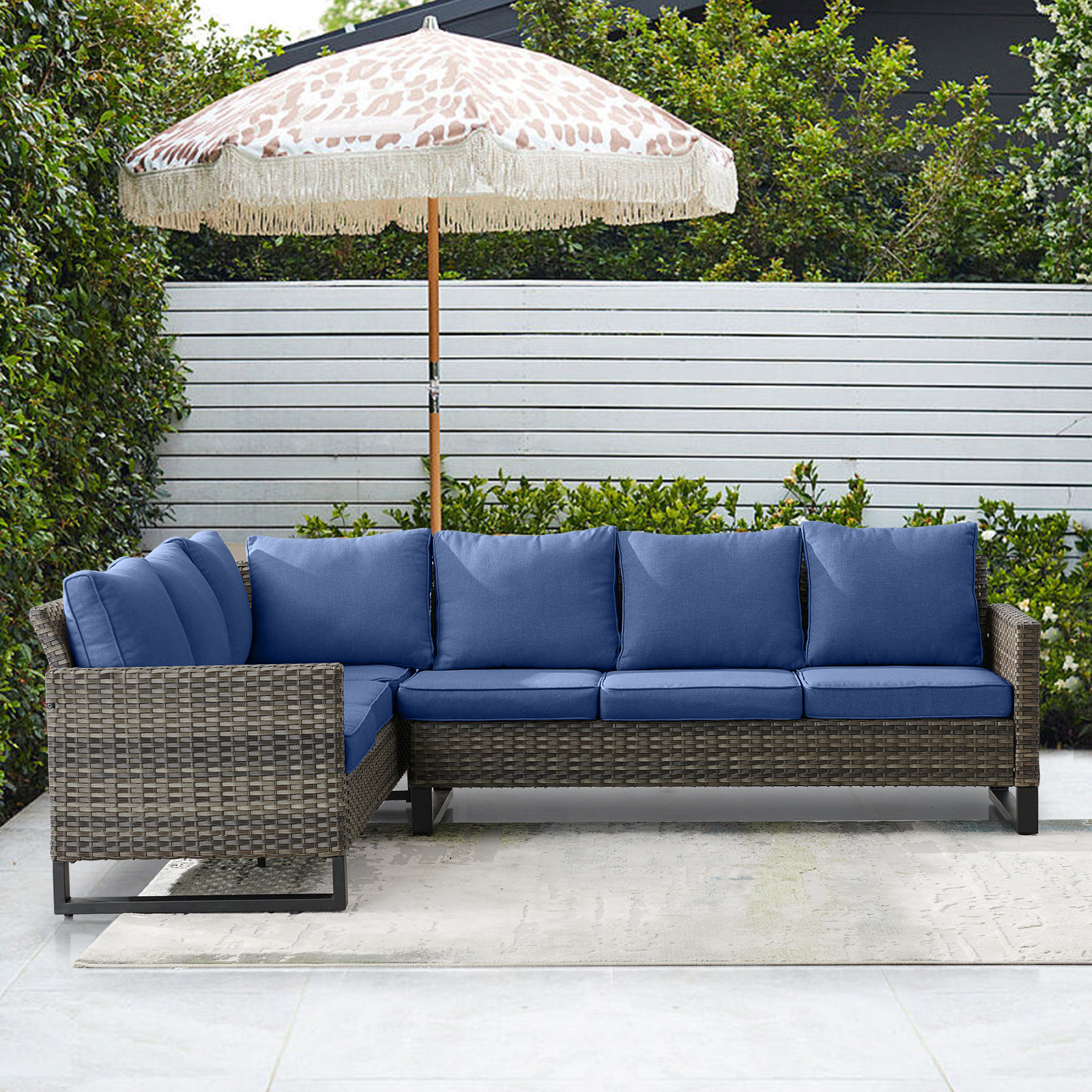 Hokku Designs Naresa Wide Outdoor Wicker Patio Sectional with Cushions ...