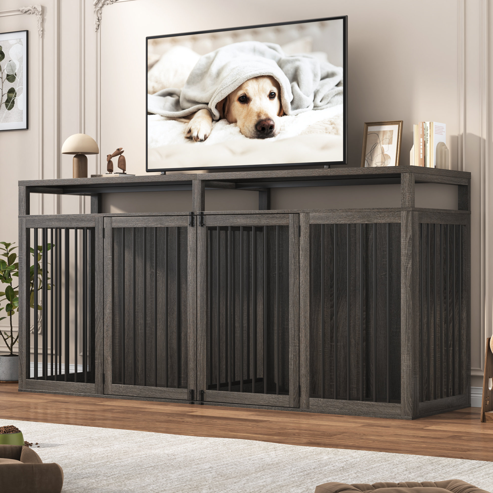 Latitude Run® 86.6"Large Dog Crate Furniture For 2 Dogs,Wooden Dog ...