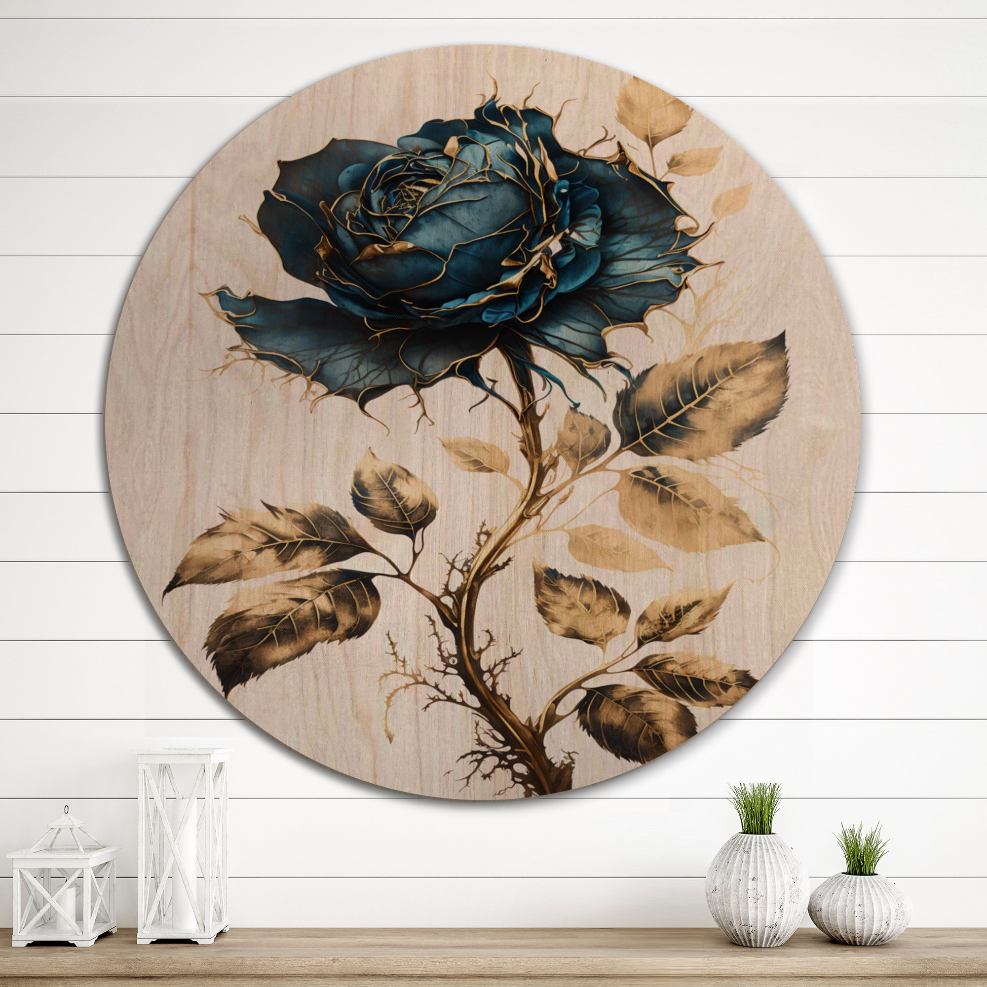 Red Barrel Studio® Blue And Gold Painted Rose On White I - Floral Rose ...