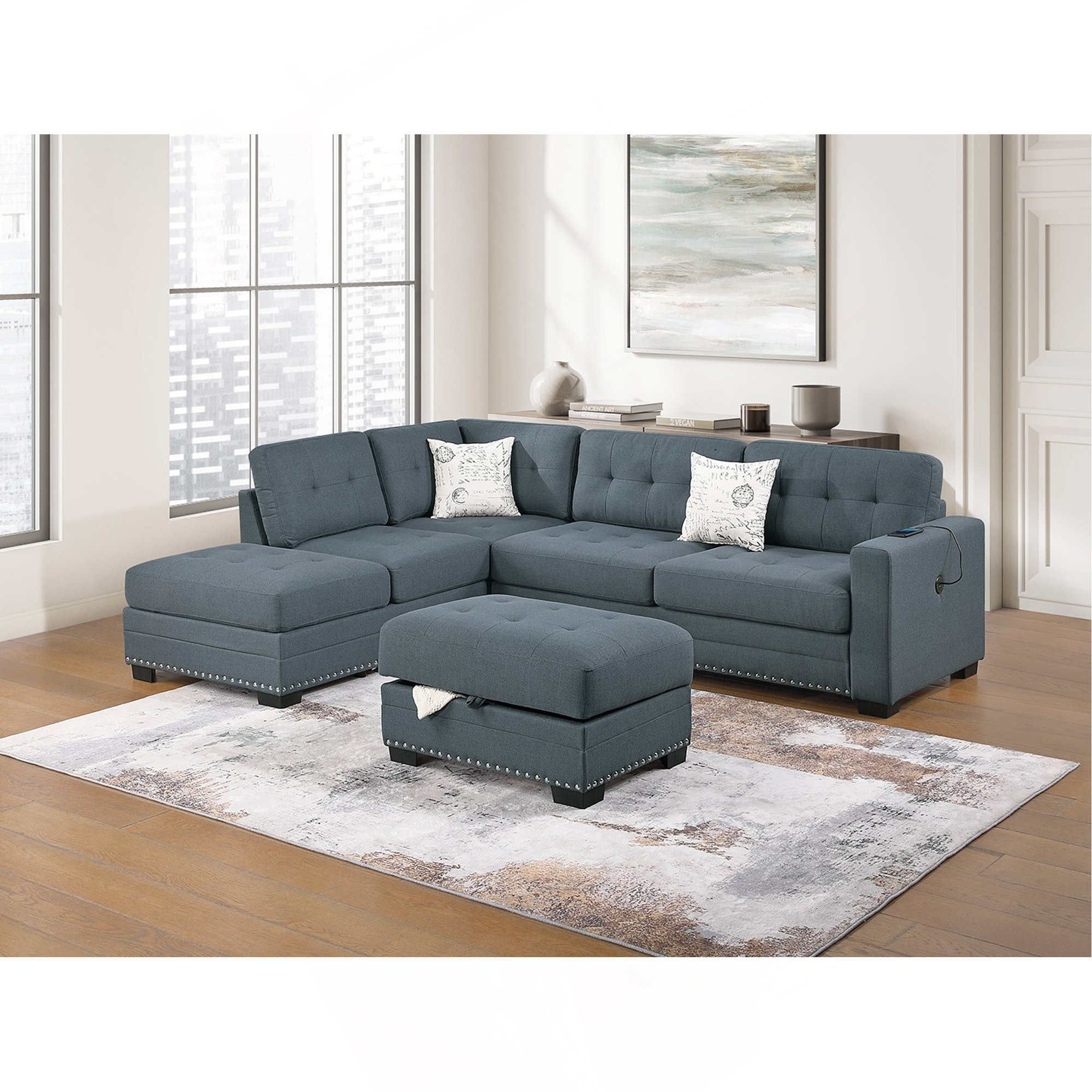 Winston Porter Living Room L-Shaped Sectional W Ottoman 3Pc Set Fabric ...