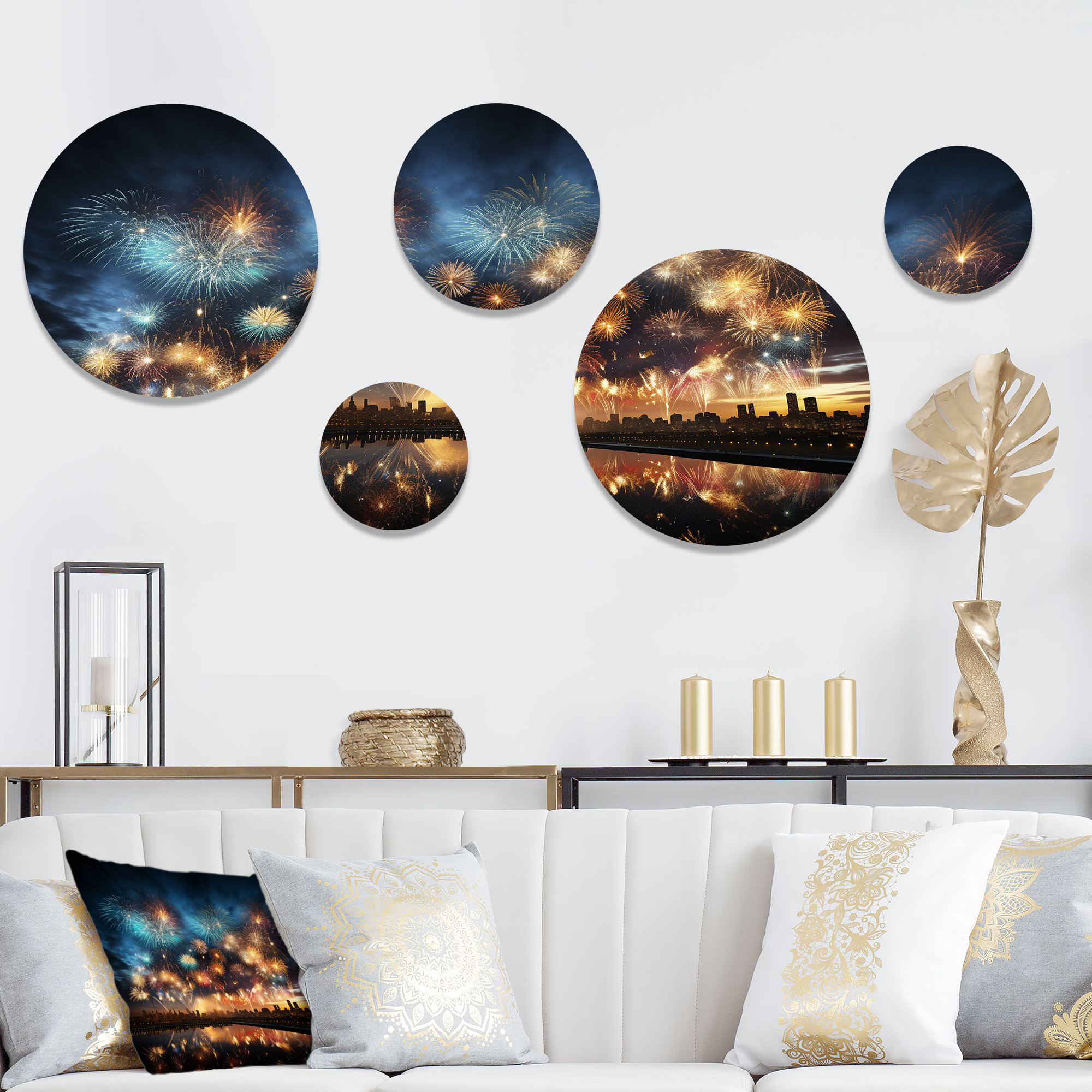 Latitude Run® Blue And Yellow Fireworks Magic In City - Fireworks Round ...