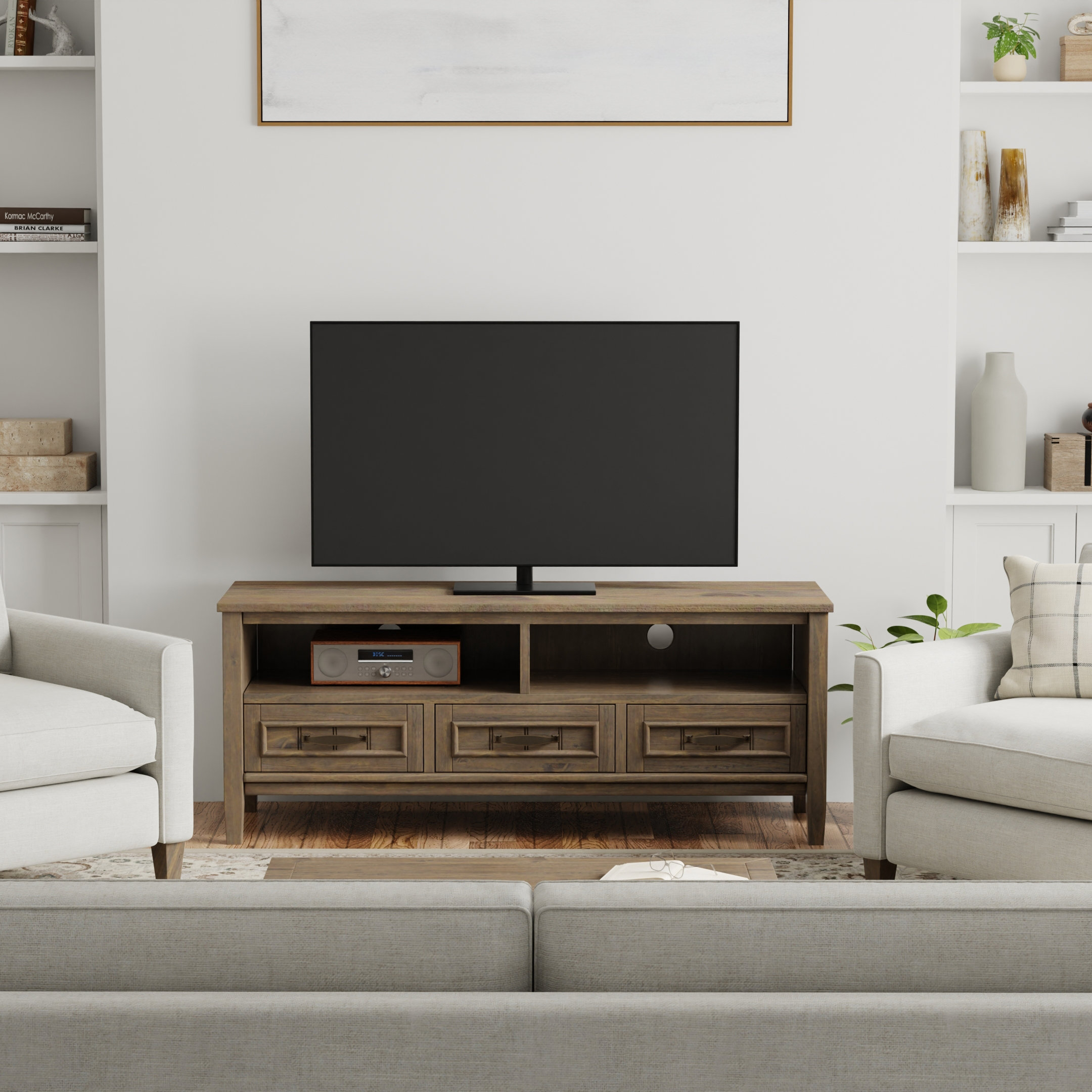 Simpli Home Lev 50"W Solid Wood Contemporary Low TV Stand for TVs up to ...