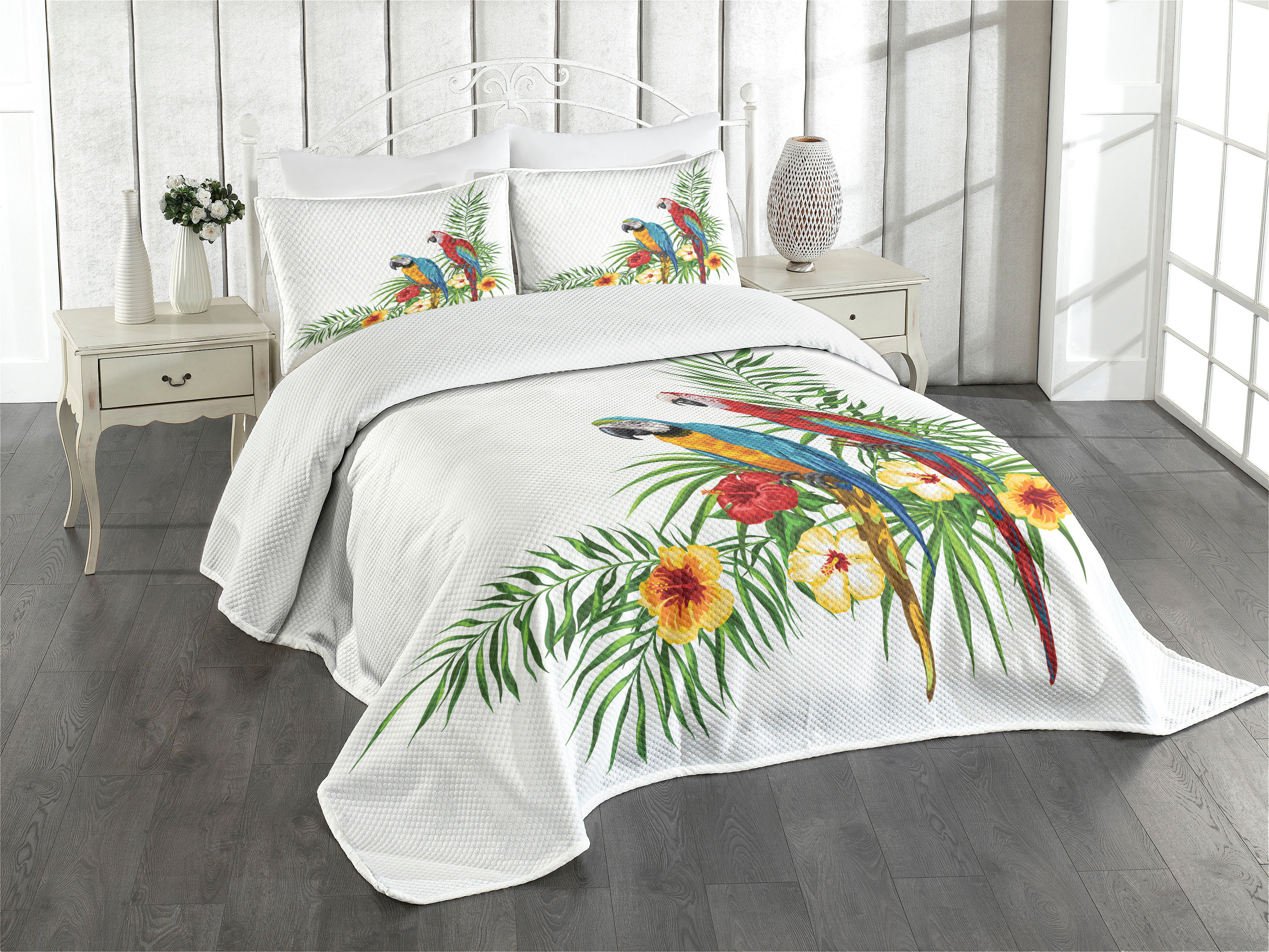 Ambesonne Bird Print Bedspread Set Tropical Parrots Flowers Multicolor ...