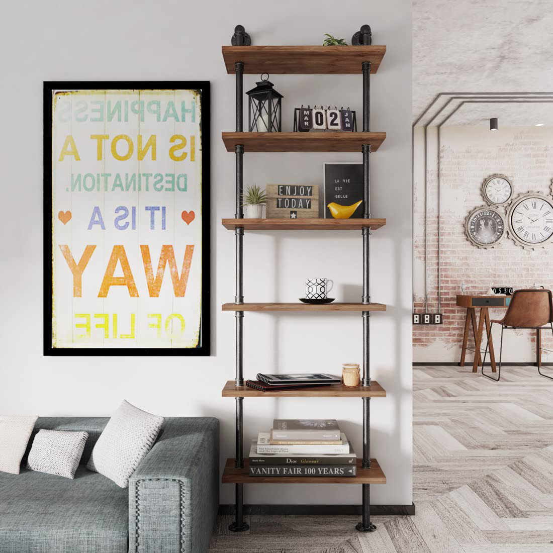 17 Stories 6-Tier Industrial Pipe Bookshelf, Rustic Style Living Room ...