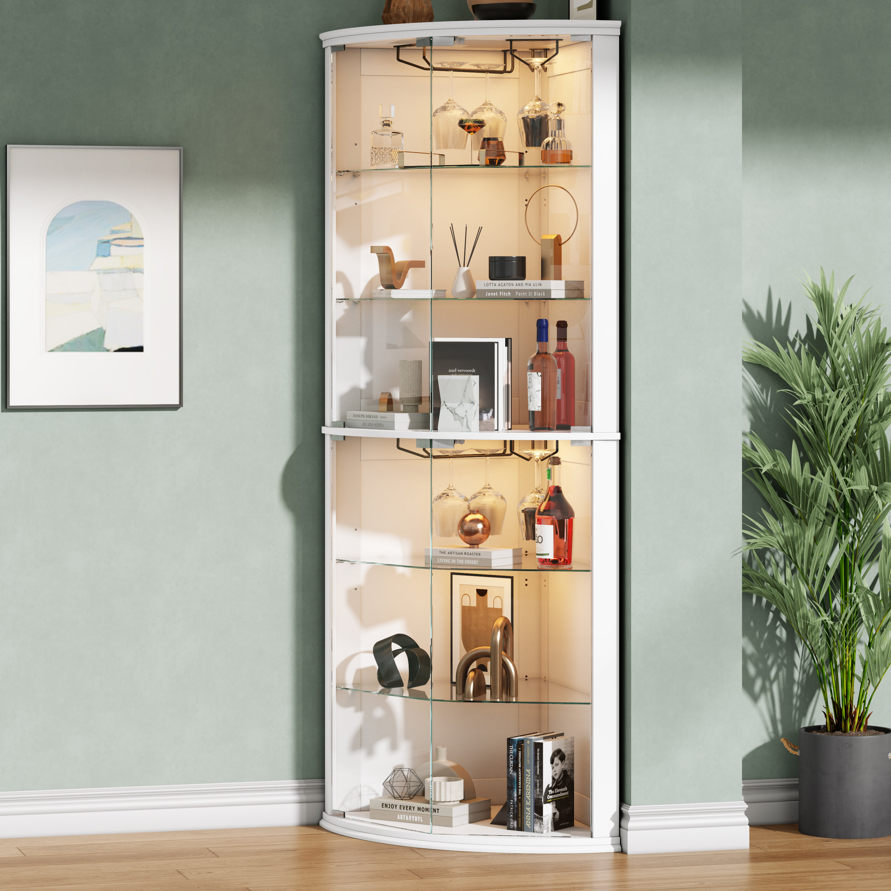 George Oliver Corner Bar Cabinet With LED Lights, 6-Tier Wine Cabinet ...