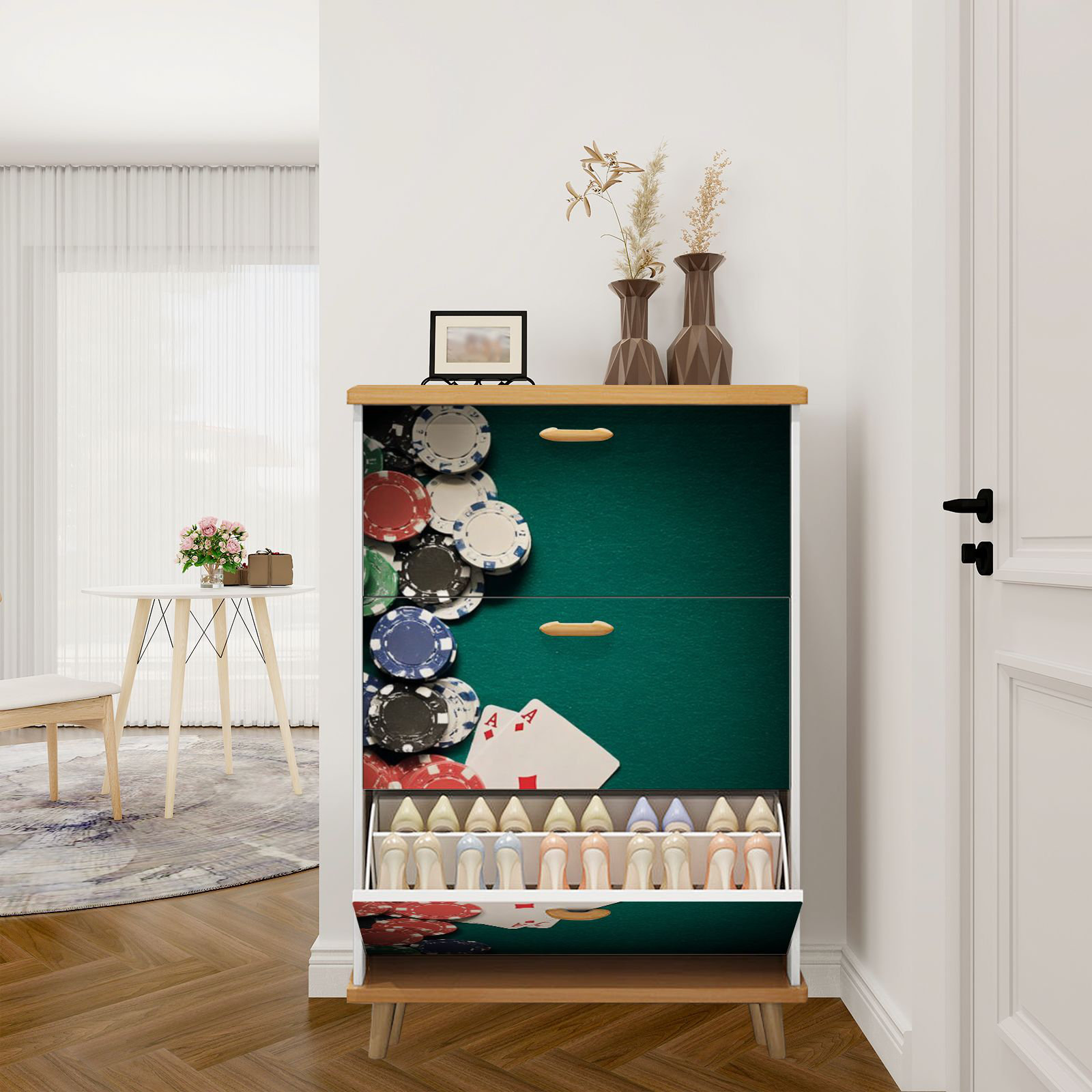 East Urban Home Shoe Storage Cabinet with 3 Flip Drawers for Poker ...