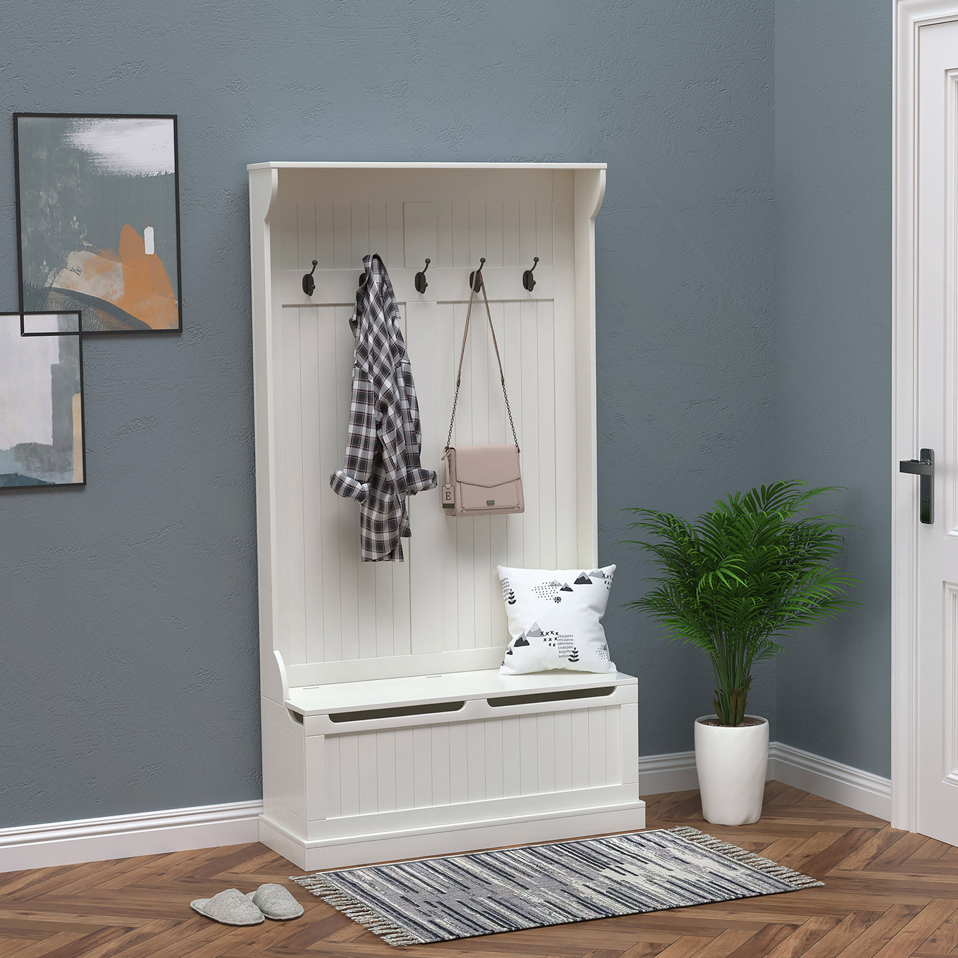 Lark Manor™ Cream White Hall Tree with Storage Bench, Hooks in Solid ...