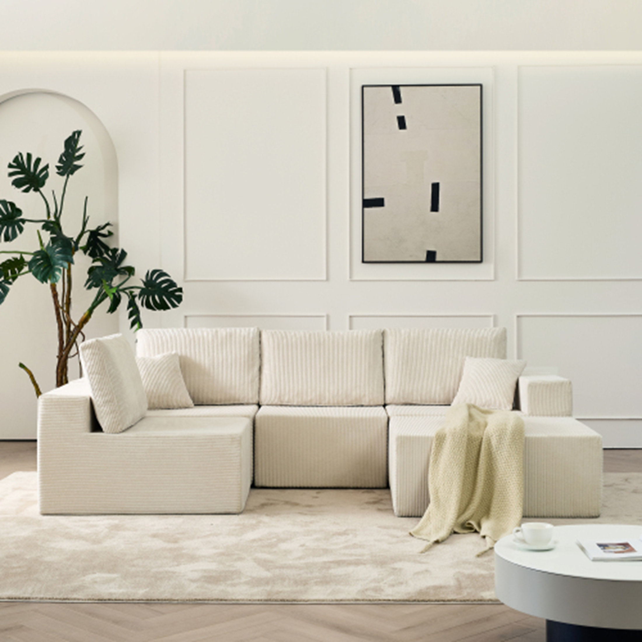 Mercer41 139.3" Cloud Modular Sectional Sofa with Ottoman & Pillows ...