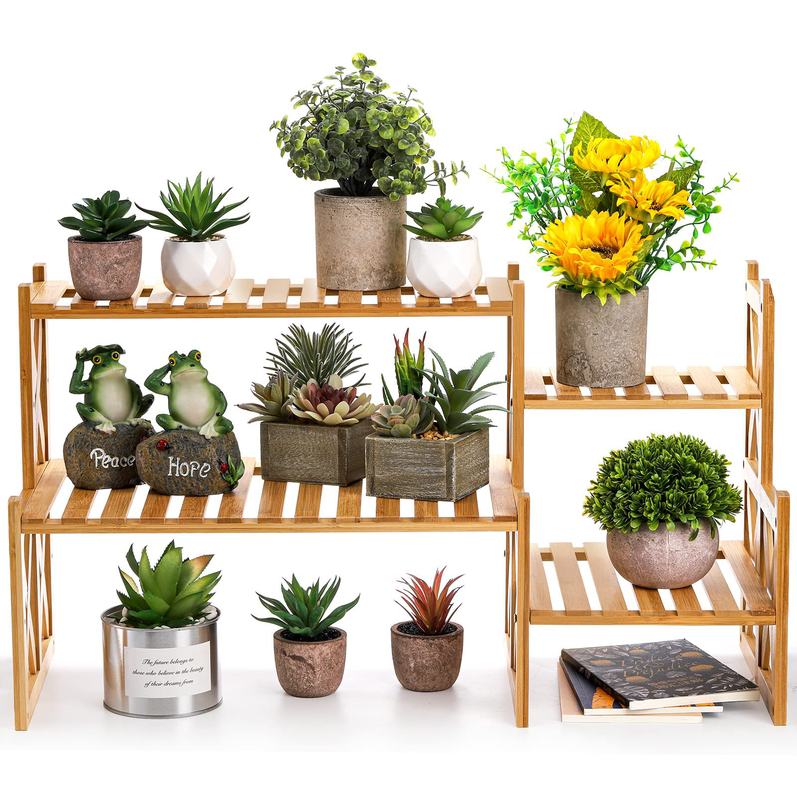 Gracie Oaks 2 Tier Bamboo Tabletop Plant Stand, Adjustable Flower Pot ...