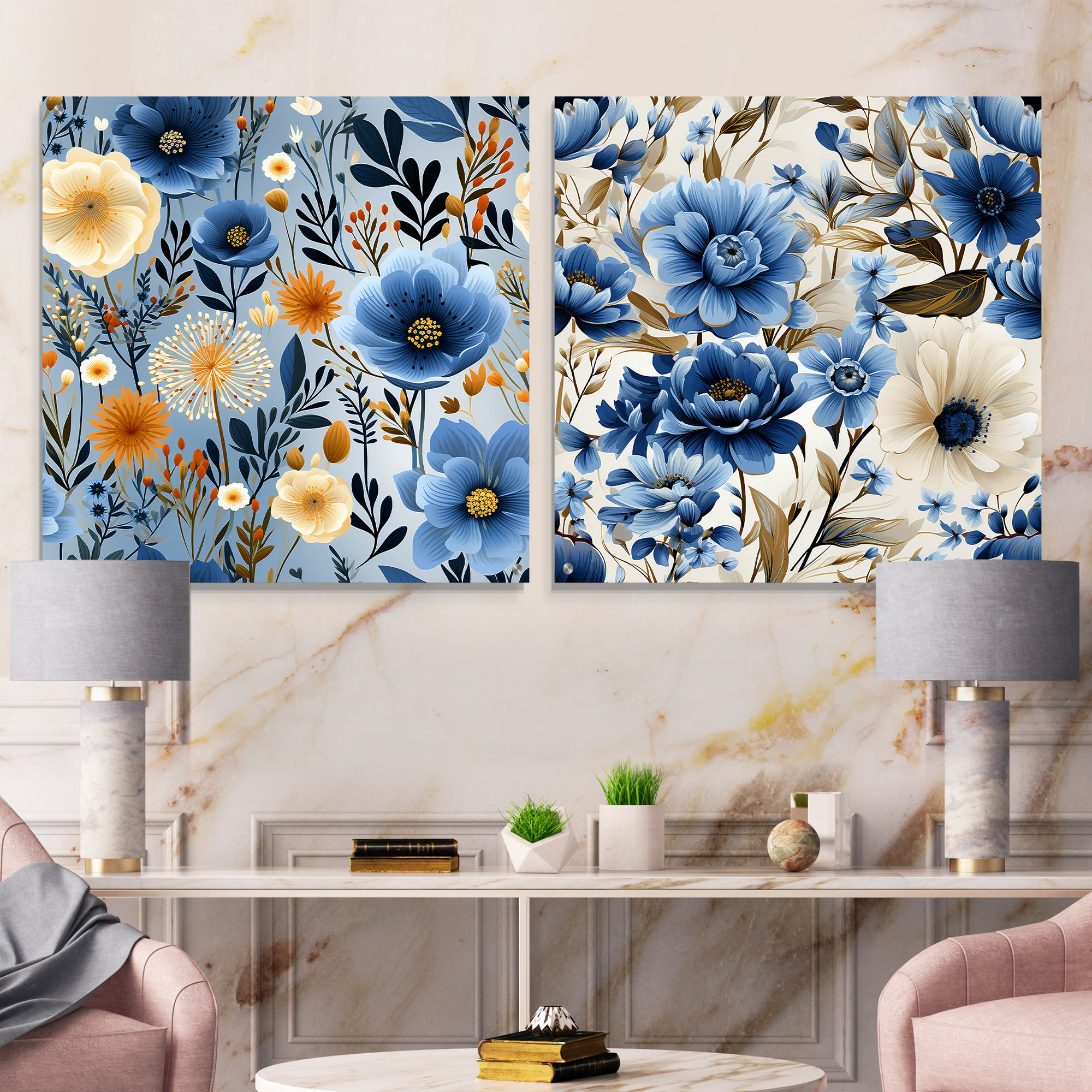 Design Art Blue Boho Chic Floral Pattern I - Floral Acrylic Wall Art ...