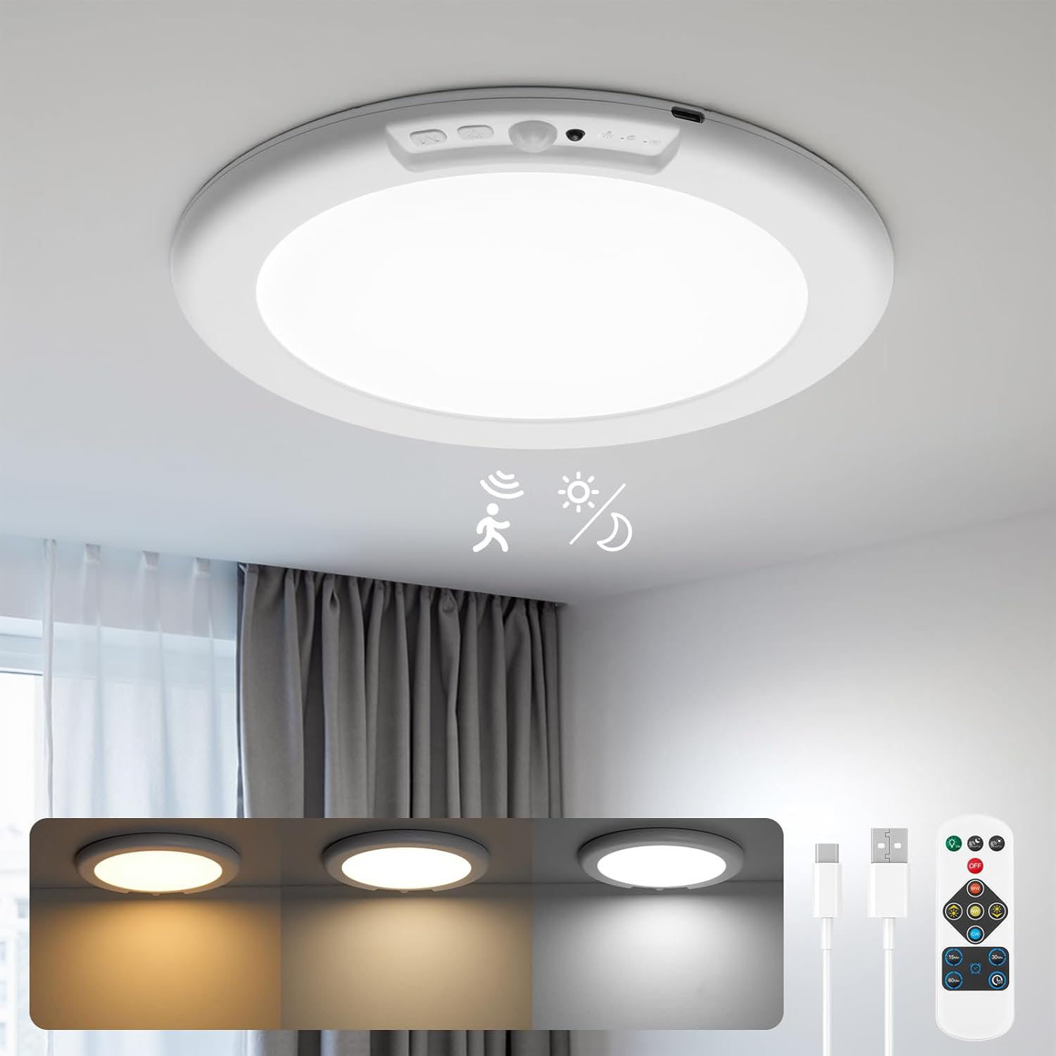 BONLOD Battery Operated Ceiling Light Rechargeable Motion Sensor Lamp ...